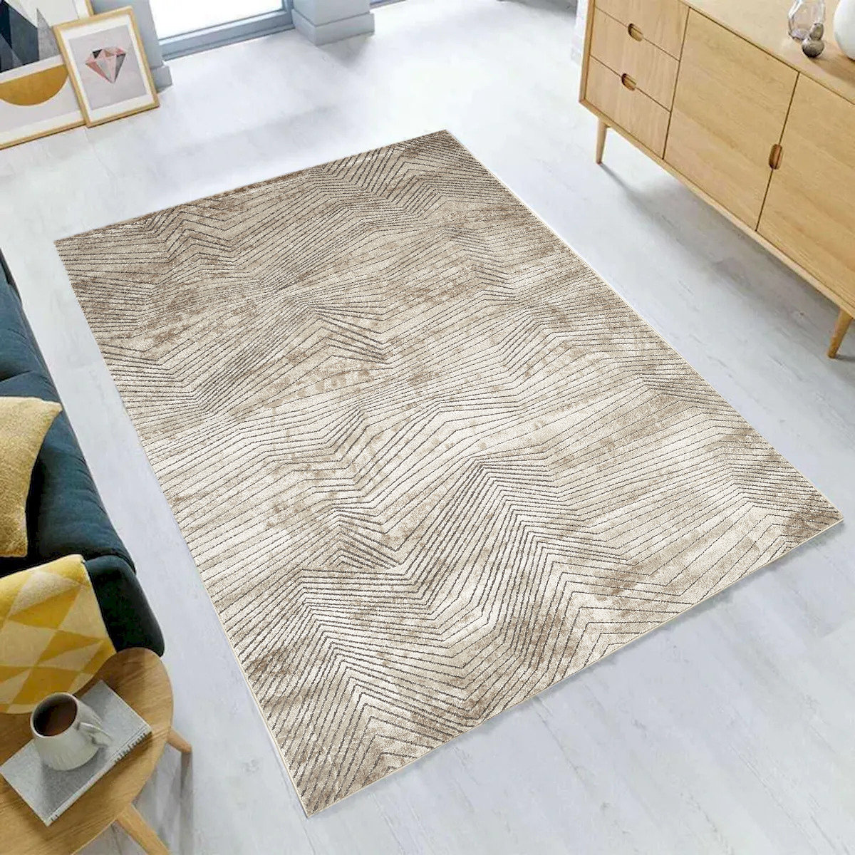 Corrigan Studio 2''7" X 7''7" Beige Modern Geometric Lines Rug ...