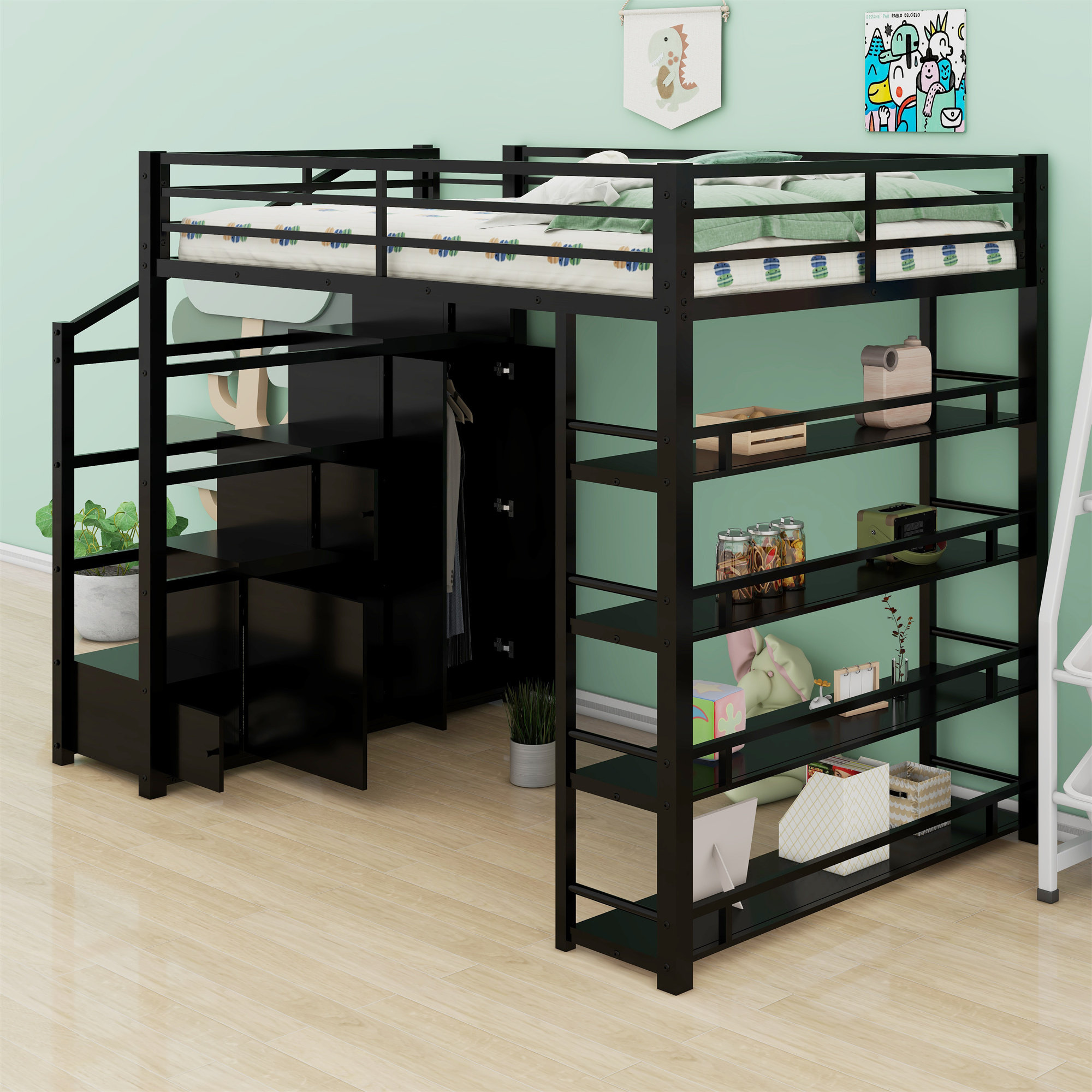 Isabelle & Max™ Metal Loft Bed With Storage Shelves, Cabinets And ...