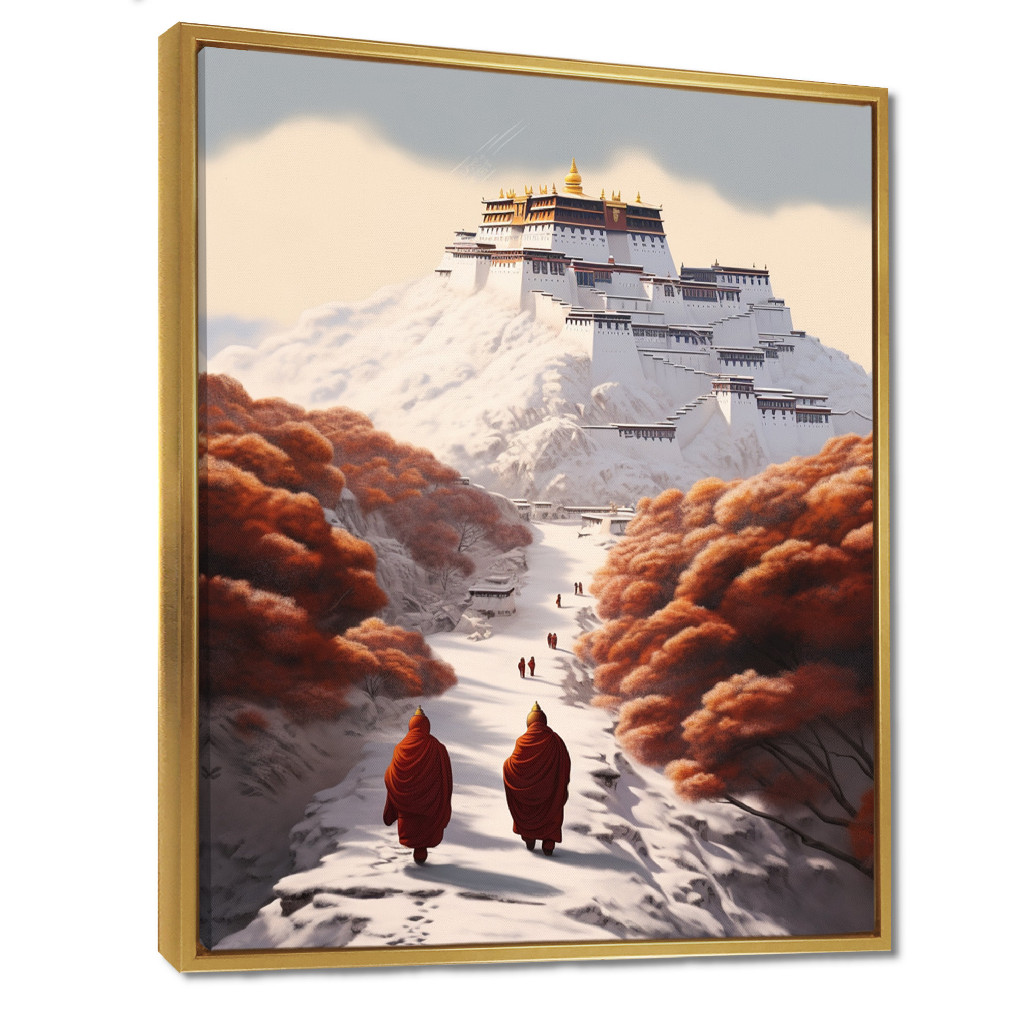 Millwood Pines Red Monks Walking Toward The Snowy Temple - Winter ...