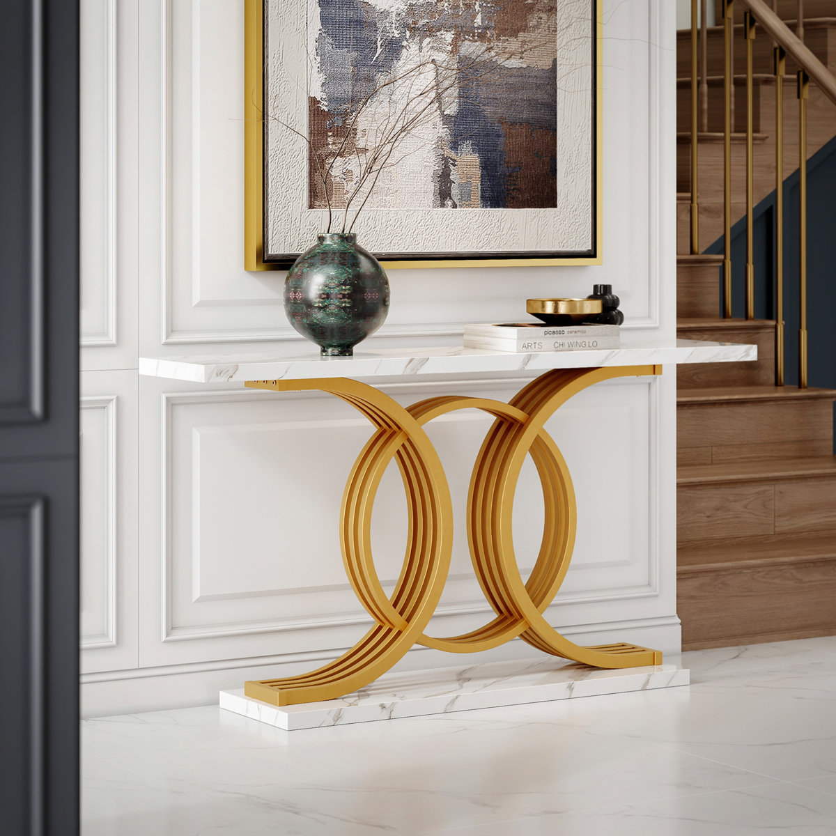 Mercer41 55 Inch Gold Entryway Table, Modern Faux Marble Console Table ...