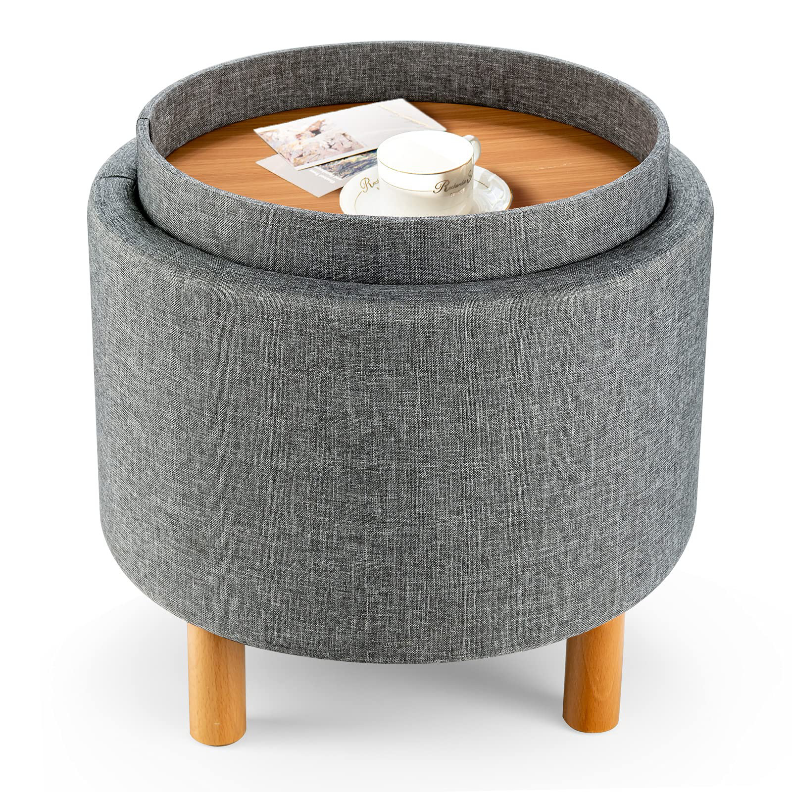 Latitude Run® Round Storage Ottoman With Tray, Accent Storage Footstool ...