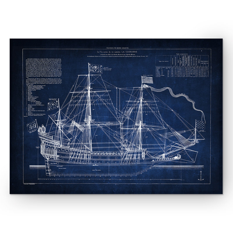 Wexford Home Vintage Sailing Ship Blue Sketch - Graphic Art Print on ...