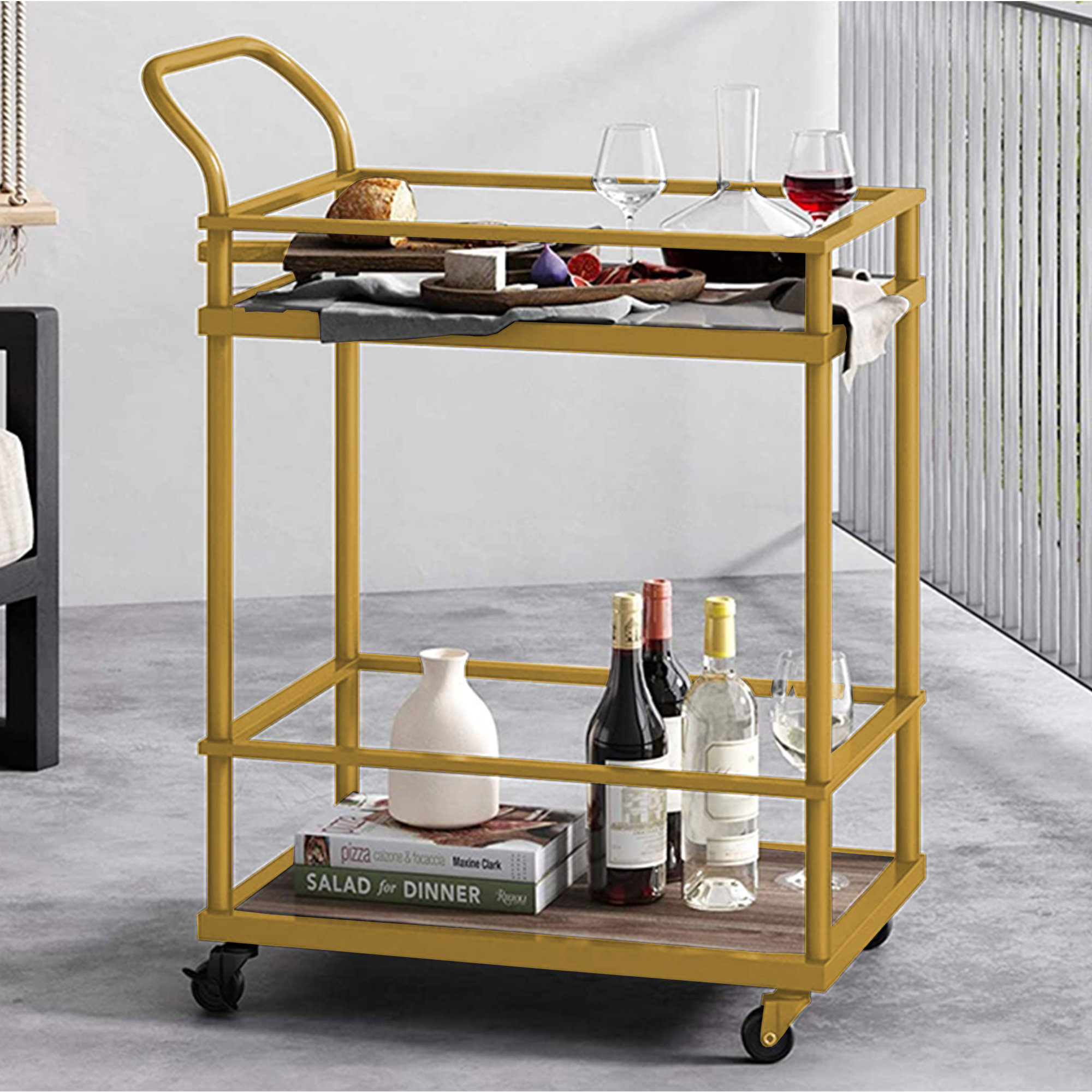 17 Stories Chariot-bar moderne à 2 niveaux avec plateau en verre et ...