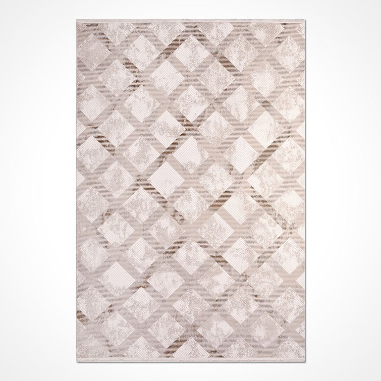 Ebern Designs Jazlyn Cream Geometric Polyester Machine Made Rug ...