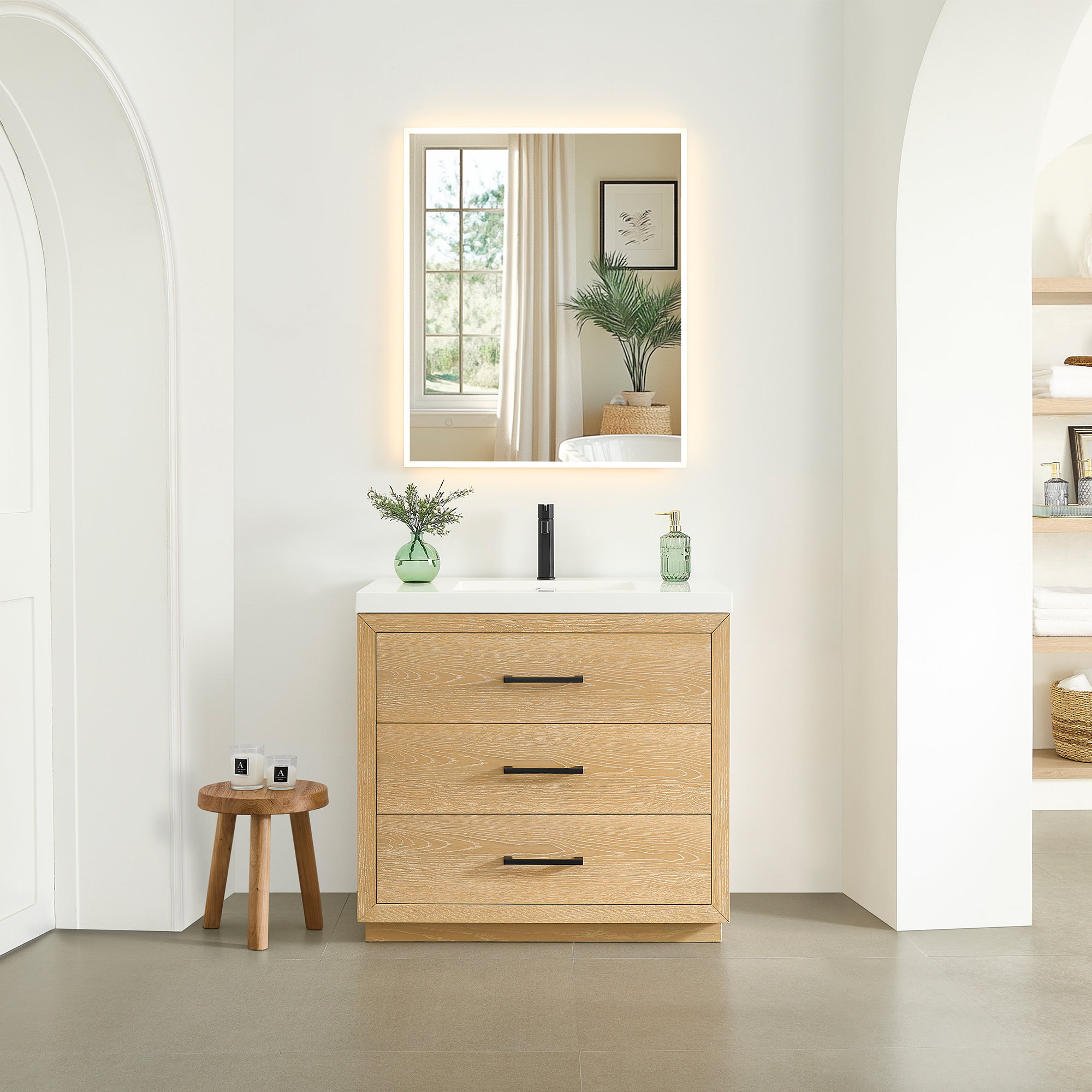 Hokku Designs Abia 36" Single Bathroom Vanity in White Oak with White ...