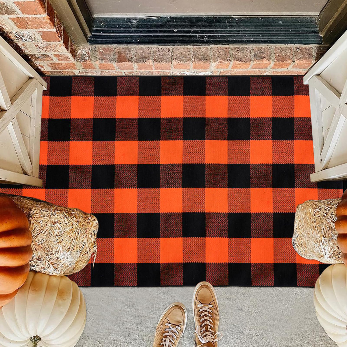 Gracie Oaks Orange And Black Plaid Rug, Handwoven Indoor/Outdoor ...
