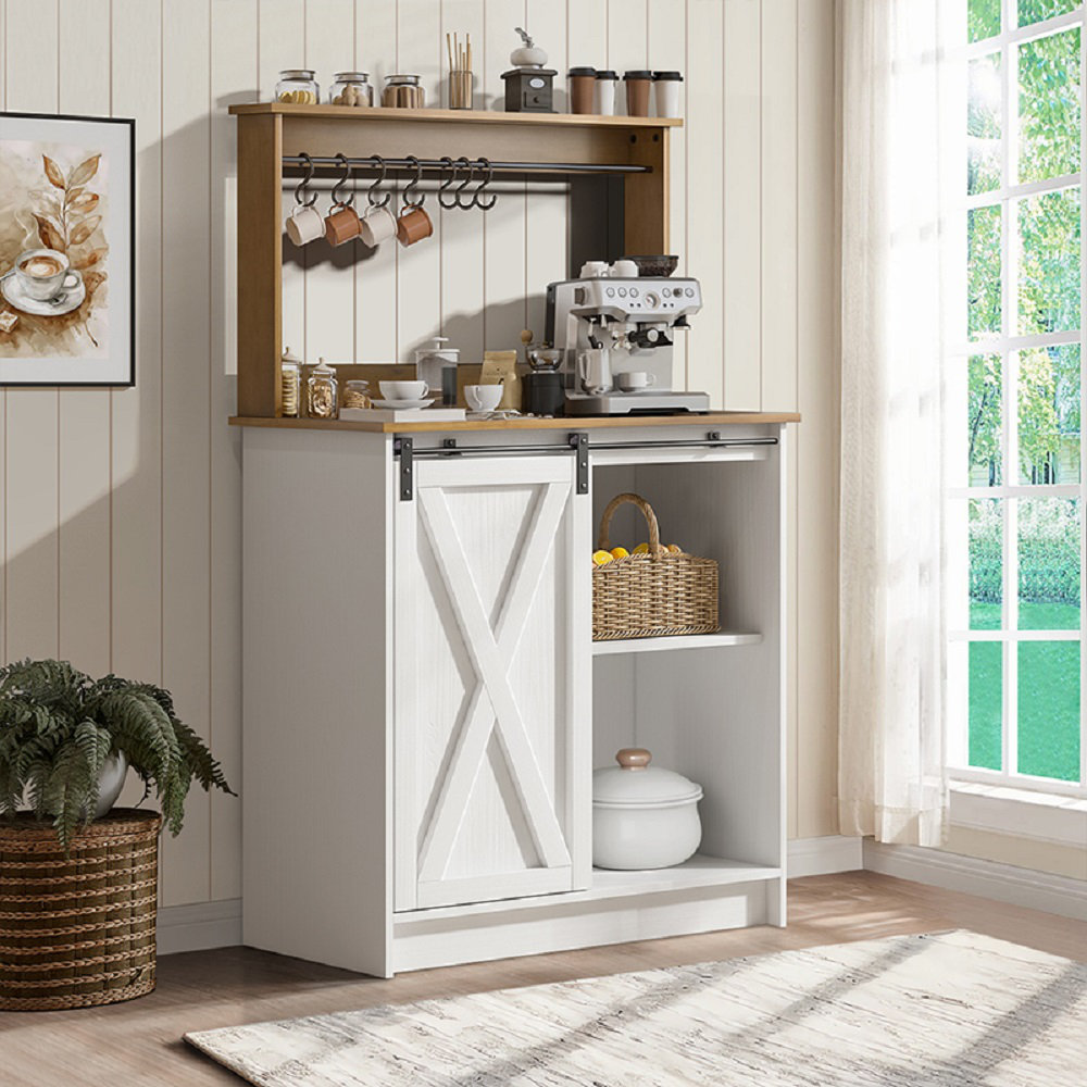 Gracie Oaks Farmhouse Coffee Bar Cabinet with 6 Hooks, Coffee Bar Hutch ...