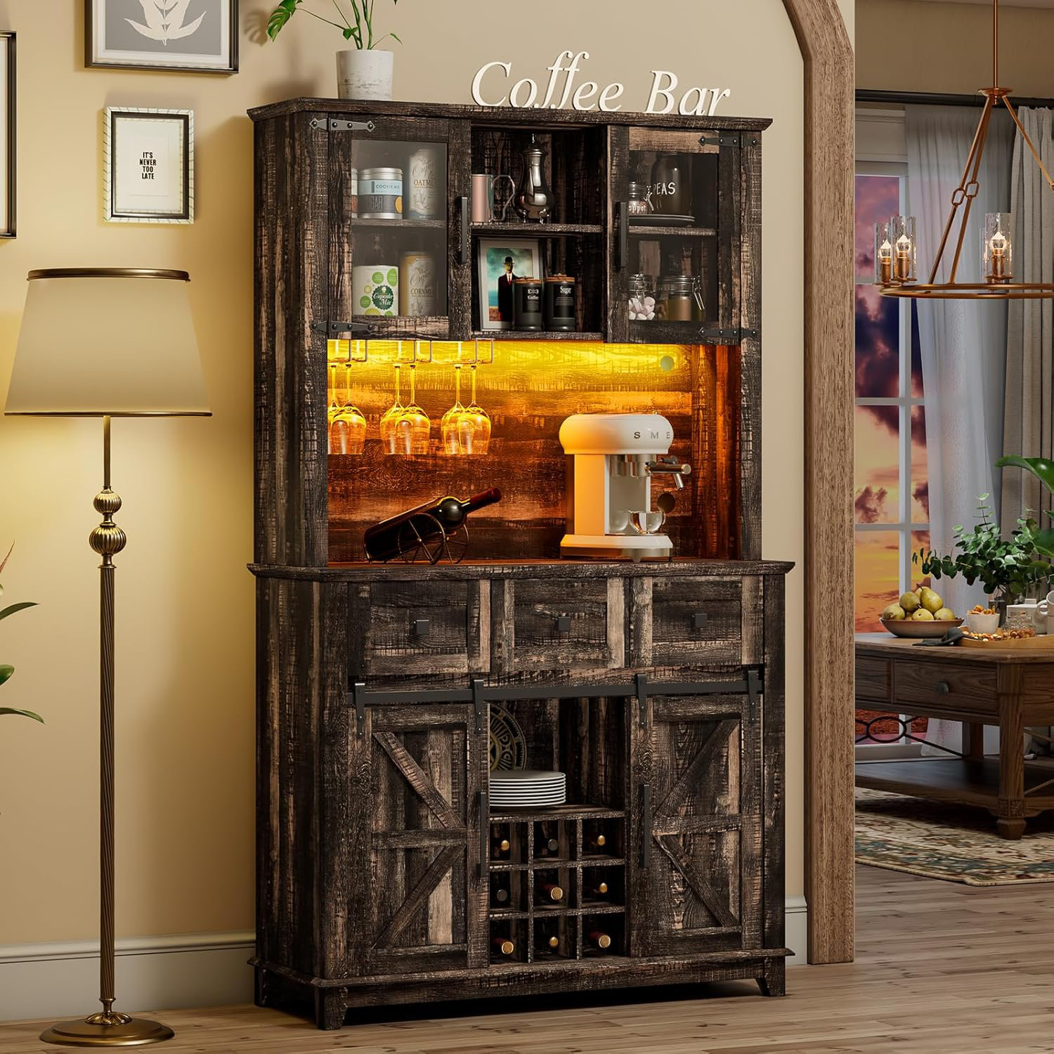 Ivy Bronx 72" Coffee Bar Cabinet with Sliding Barn Door & LED Lights ...