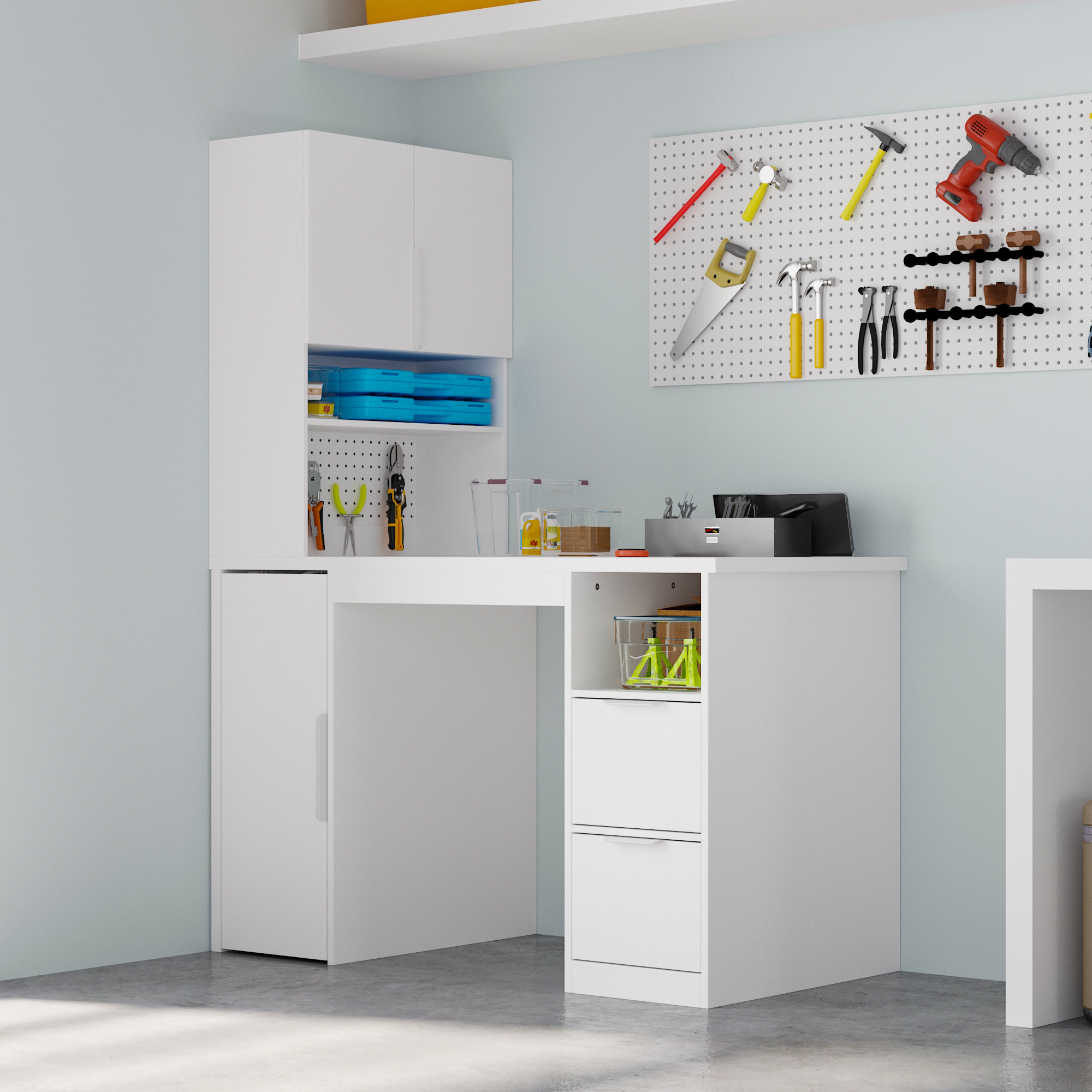 Latitude Run® Modern White Workbench With Pegboard & Mobile Storage ...
