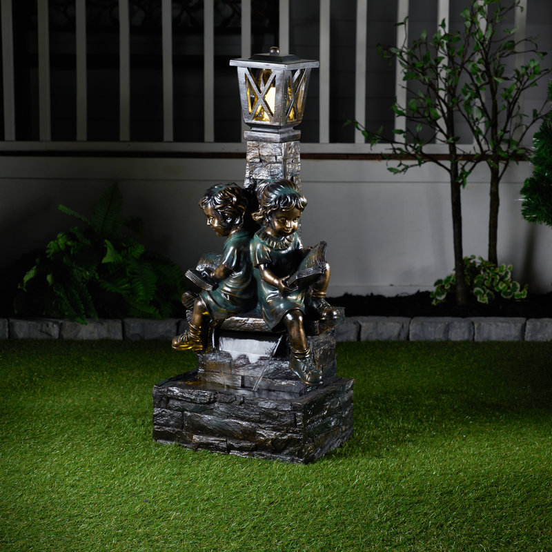 Hi-Line Gift Ltd. Bronze Finish Kids Reading with Lamp Fountain with 2 ...