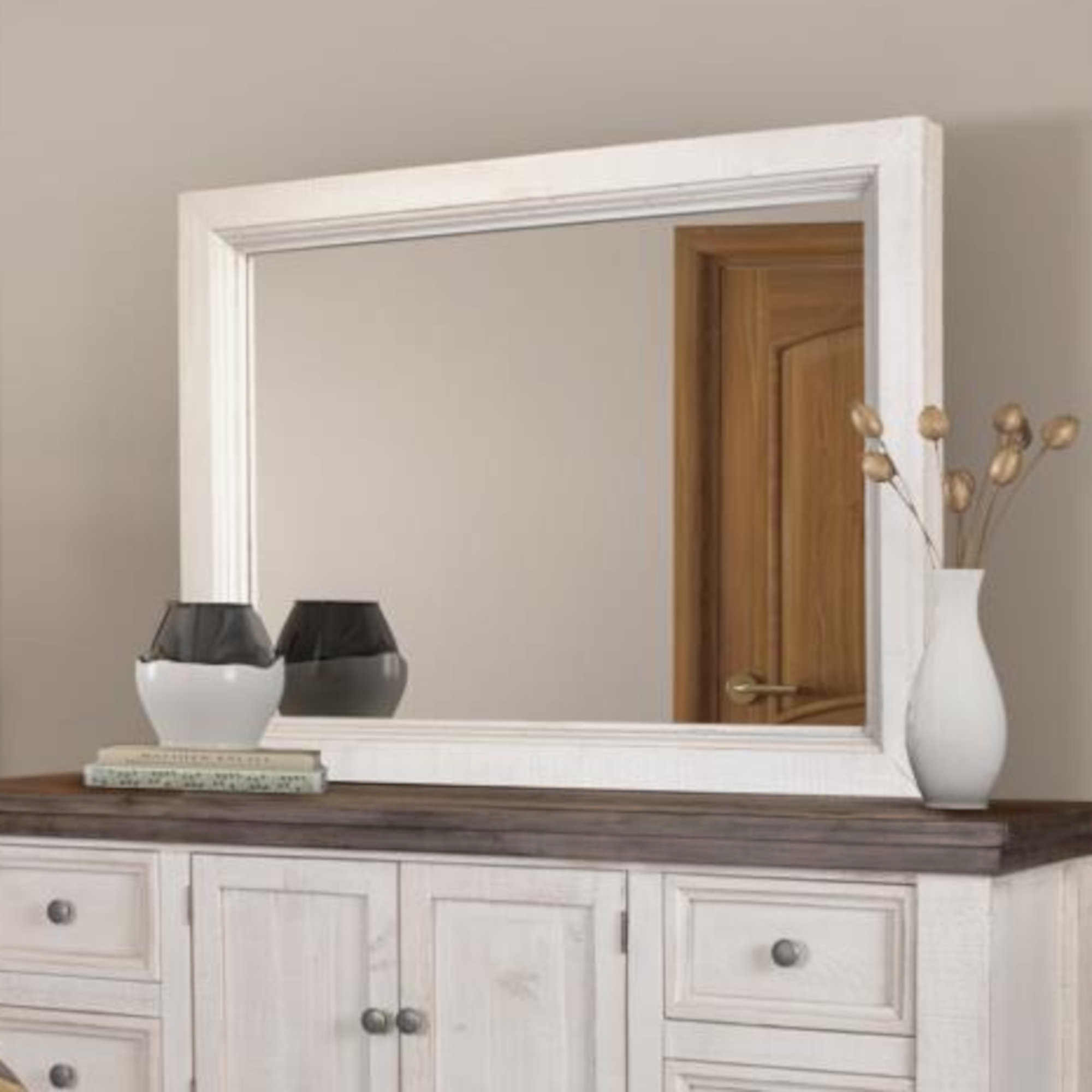 Sunset Trading Rustic French Mirror | Distressed White And Brown Solid ...