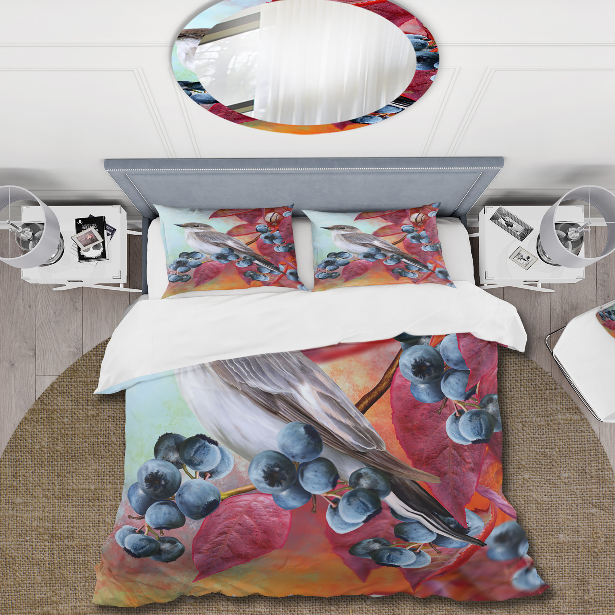 Design Art Little Gray Bird On Red Autumn On Blueberry Twig ...