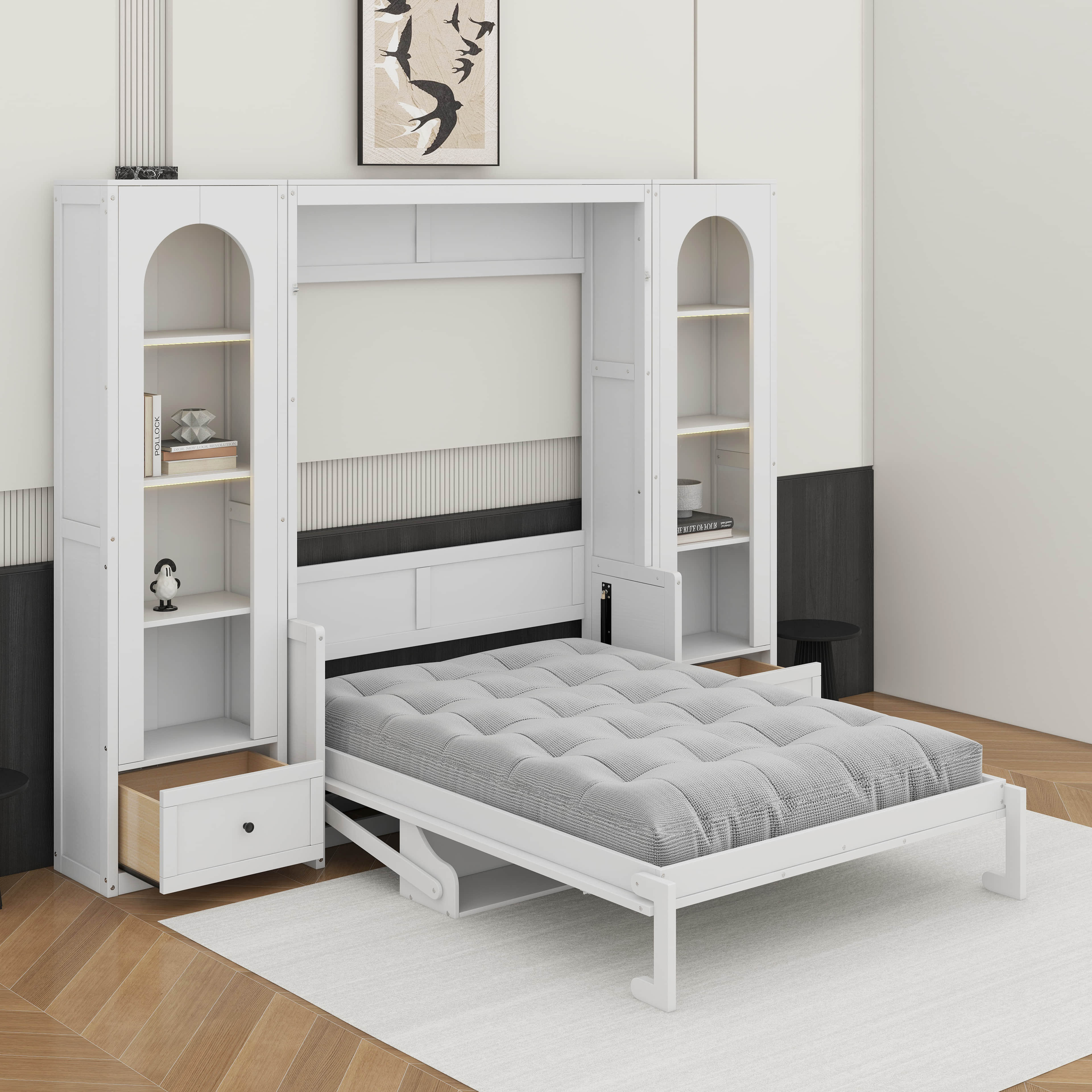 Harriet Bee Queen Size Murphy Platform Bed With Shelf, Side Cabinets ...