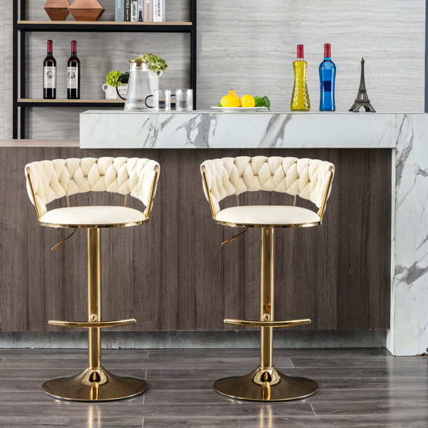 Mercer41 2pcs Bar Stools, Cream, Footrest And Base, Mechanical Lifting ...