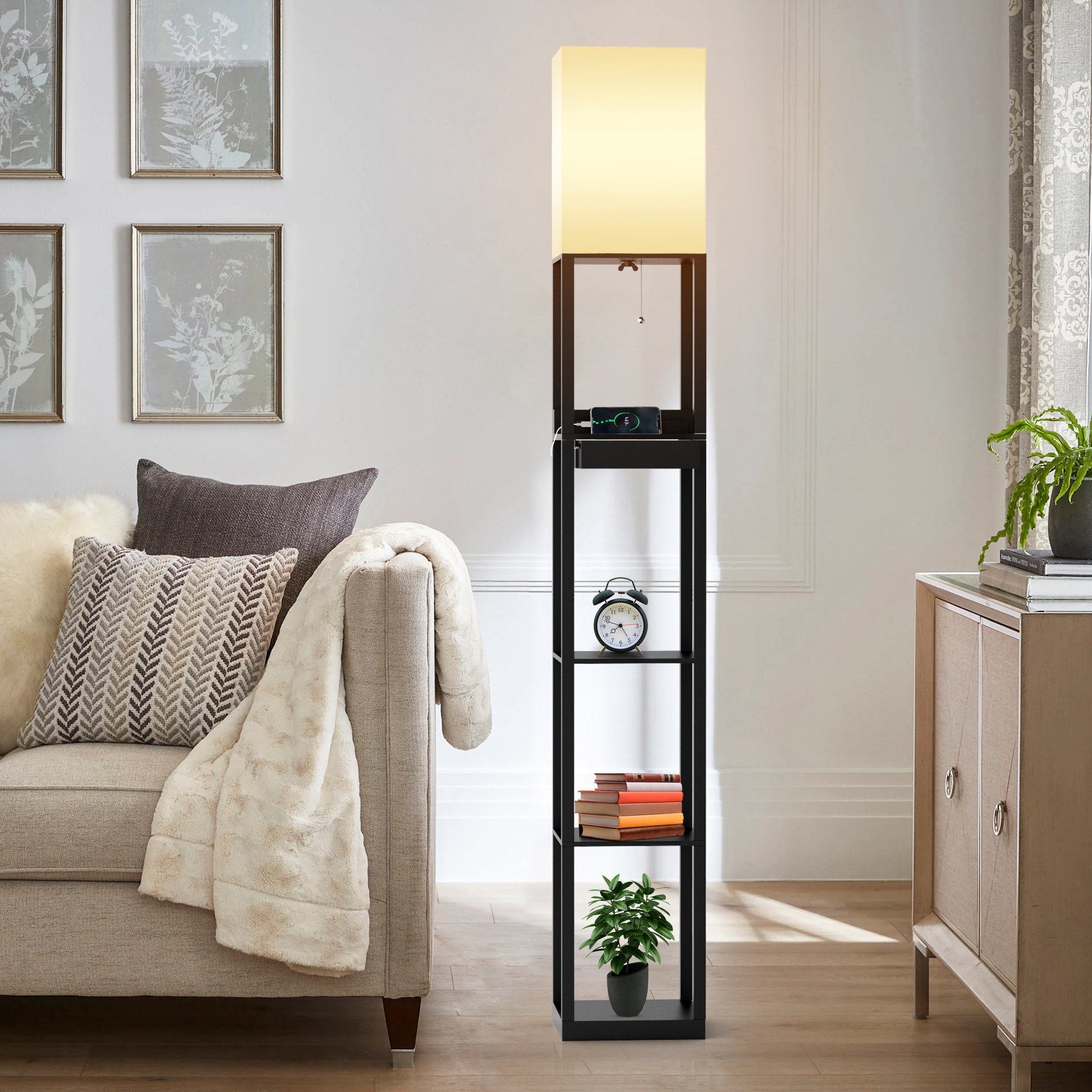 Latitude Run® 67" Column Floor Lamp with Shelves, Solid Wood, USB Ports ...