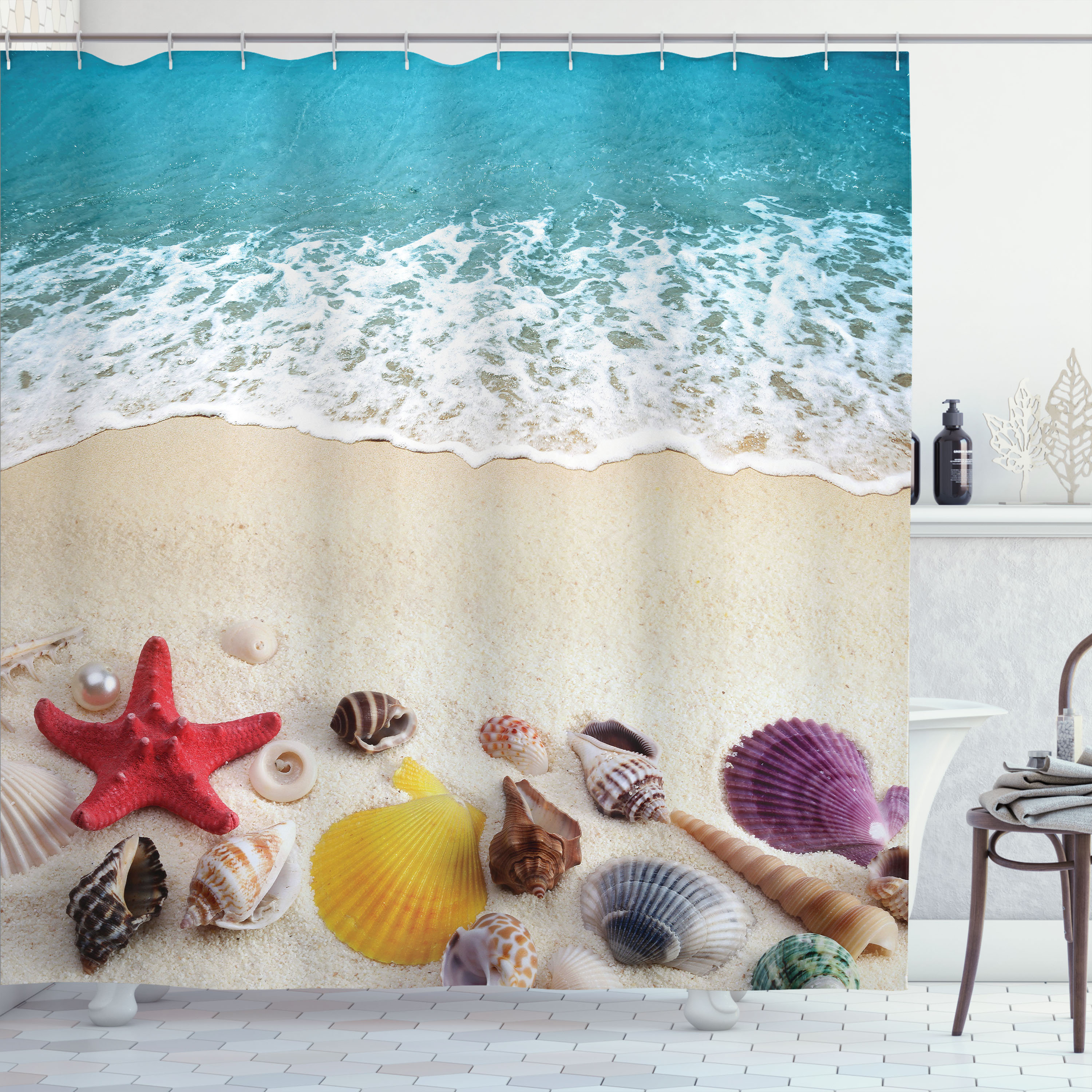 East Urban Home Beach Shower Curtain Sea Shells on Sandy Coast ...