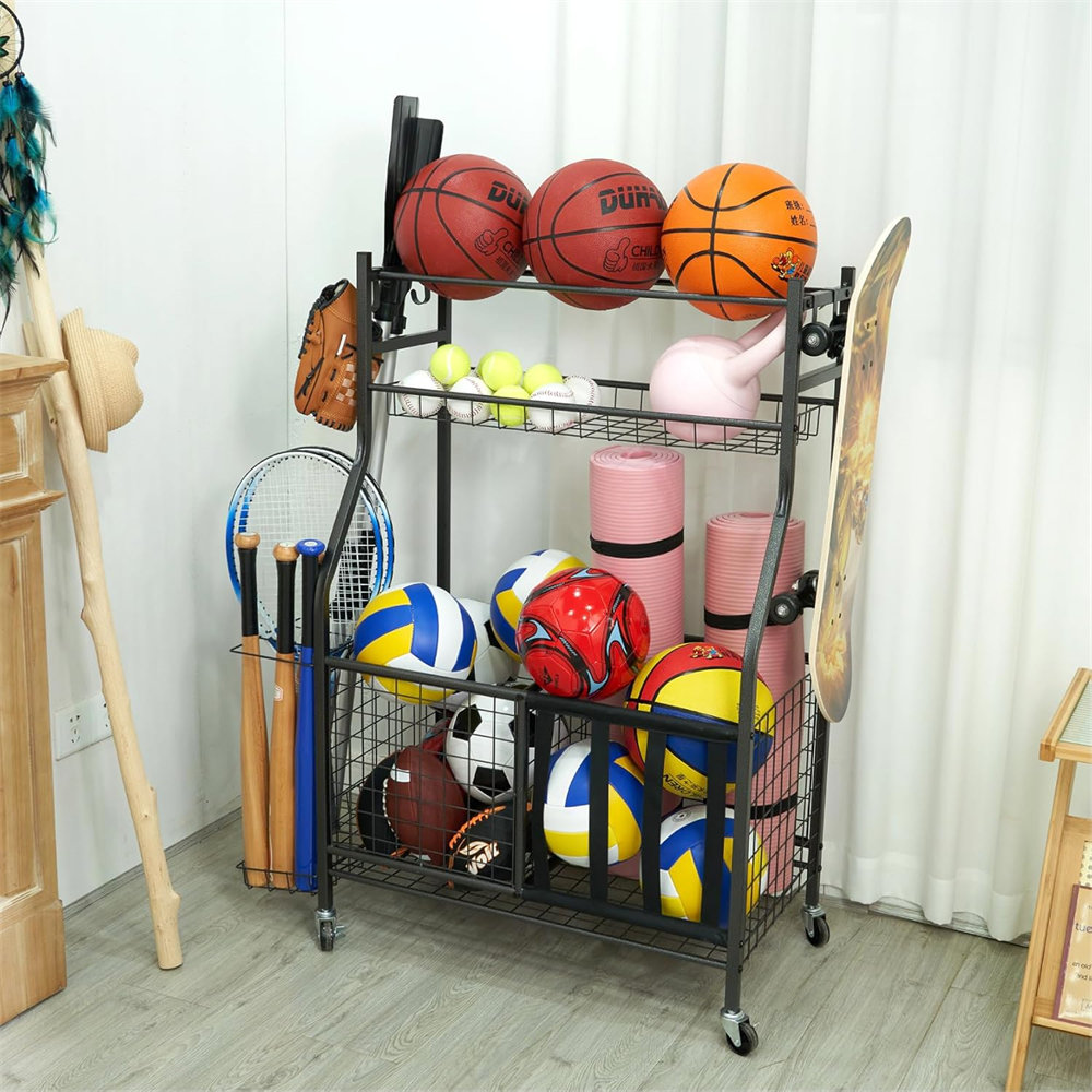 17 Stories Garage Sports Equipment Organizer With Hooks,Ball Storage ...