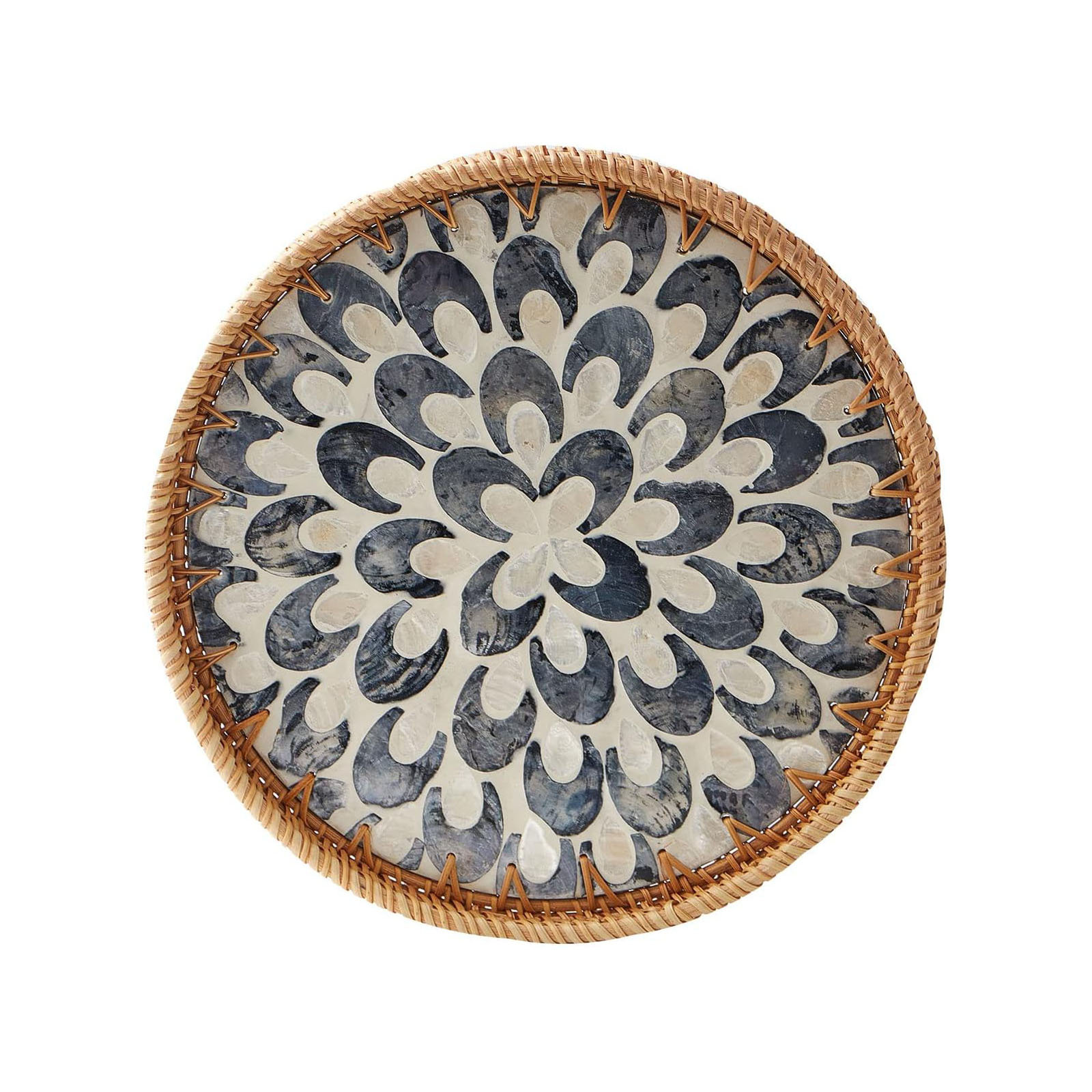 Dakota Fields Round Rattan Serving Tray with Mother of Pearl Inlay ...