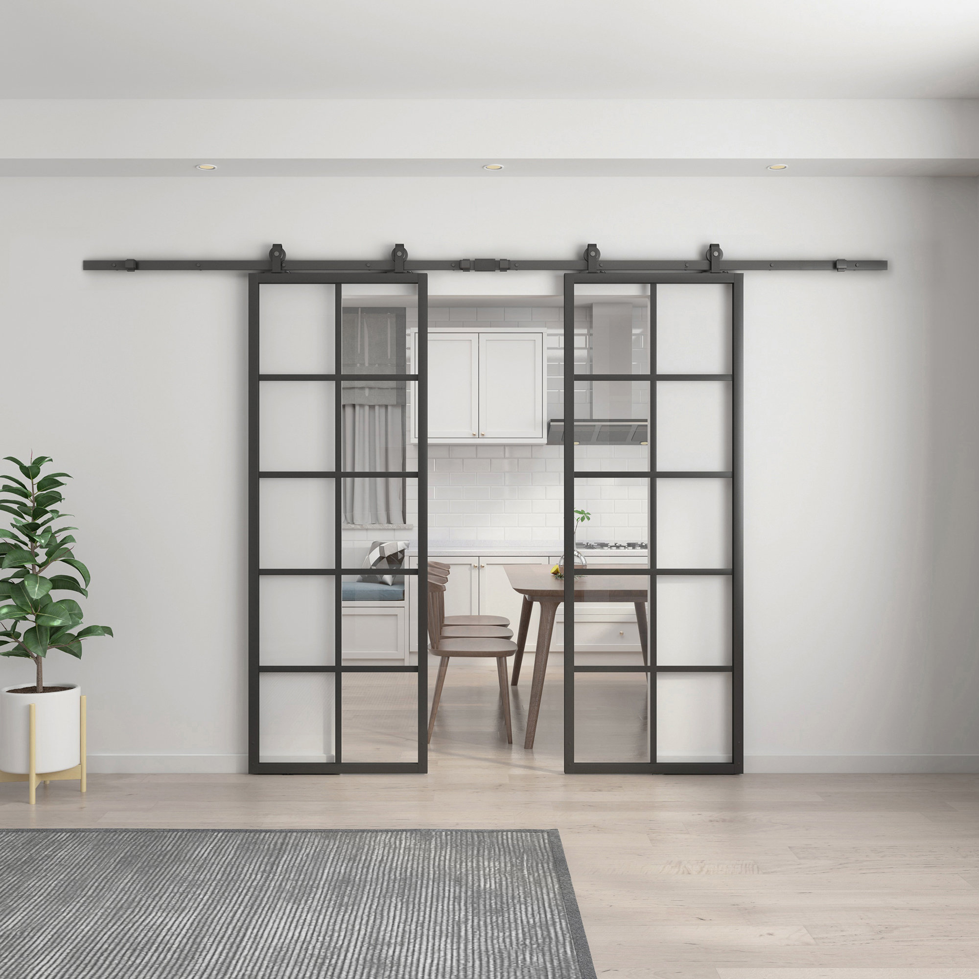 JUBEST Double Barn Door with Hardware Kit, 2 Sets of Clear Tempered ...