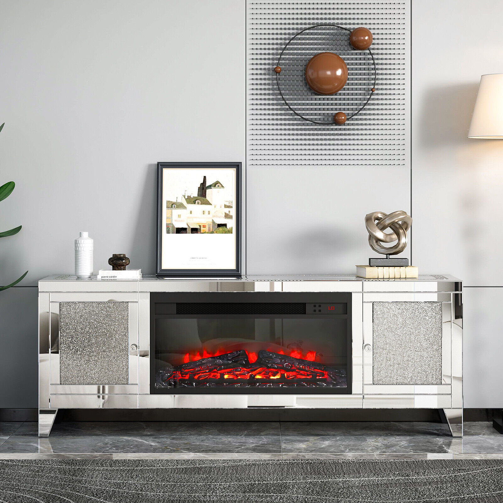 Mercer41 59" Mirrored Sliver Tv Stand With Electric Fireplace For Tvs ...