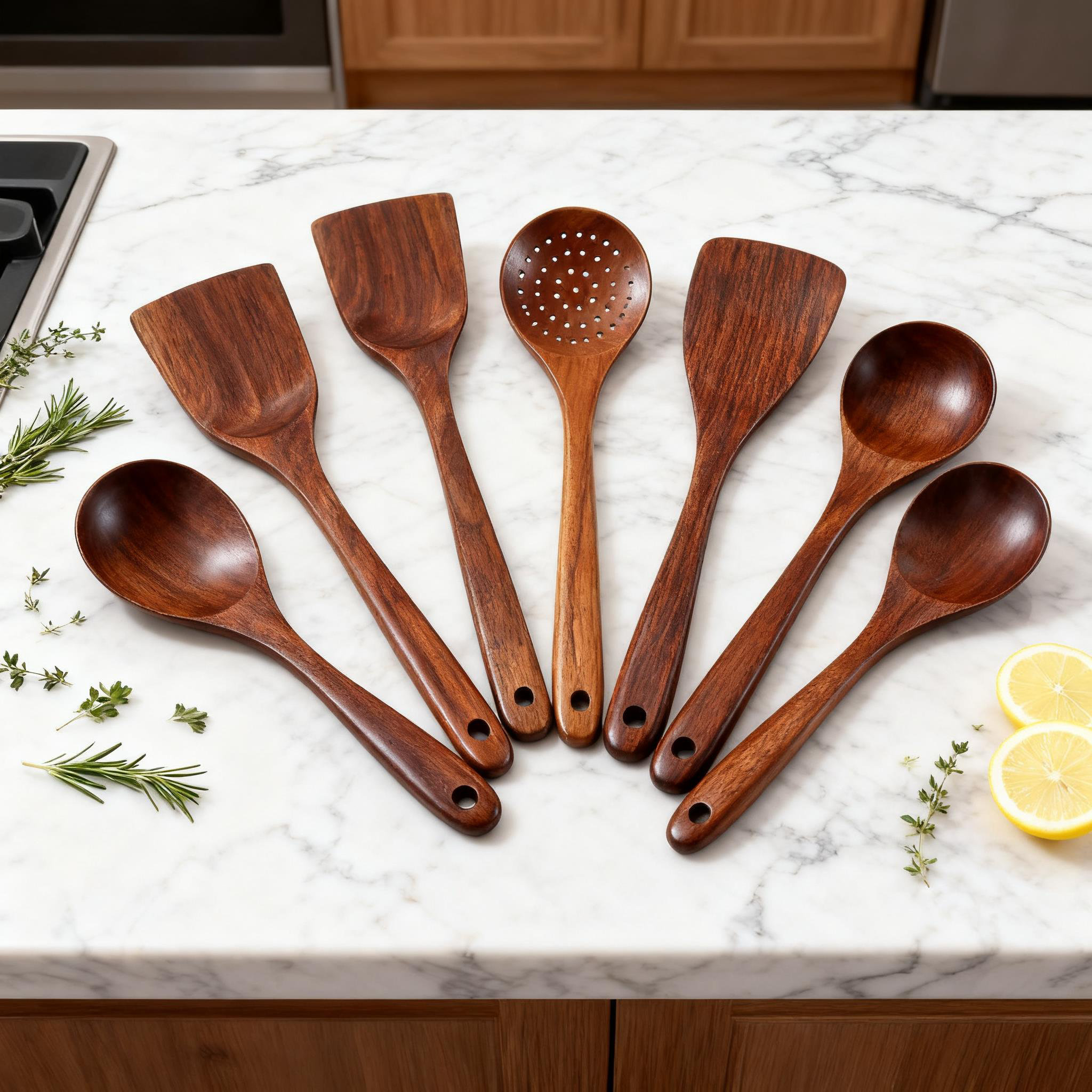 Xiangong 6-Piece Teak Wooden Utensil Set For Nonstick Cookware ...