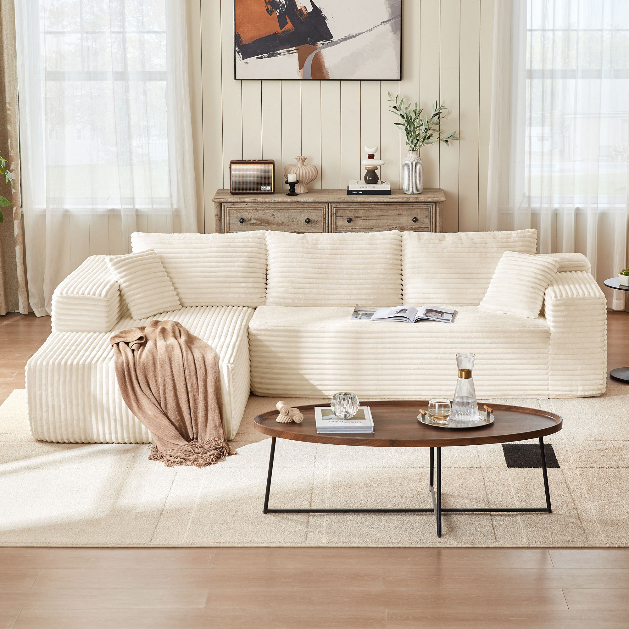 Ebern Designs Modern Minimalist L-Shaped Sectional Plush Fabric Sofa ...