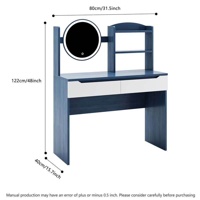 Ebern Designs Blue Vanity Table With Mirror, Drawers, And Shelving ...