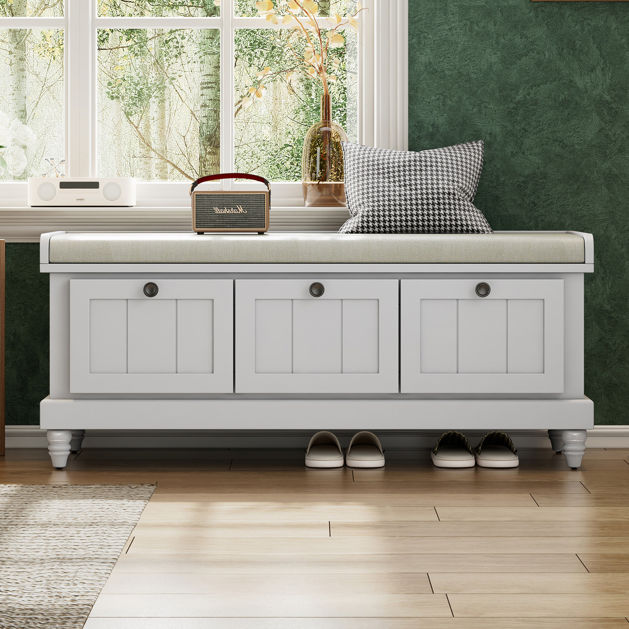 Canora Grey Classic Wooden Storage Bench With Cushioned Seat And 3 ...