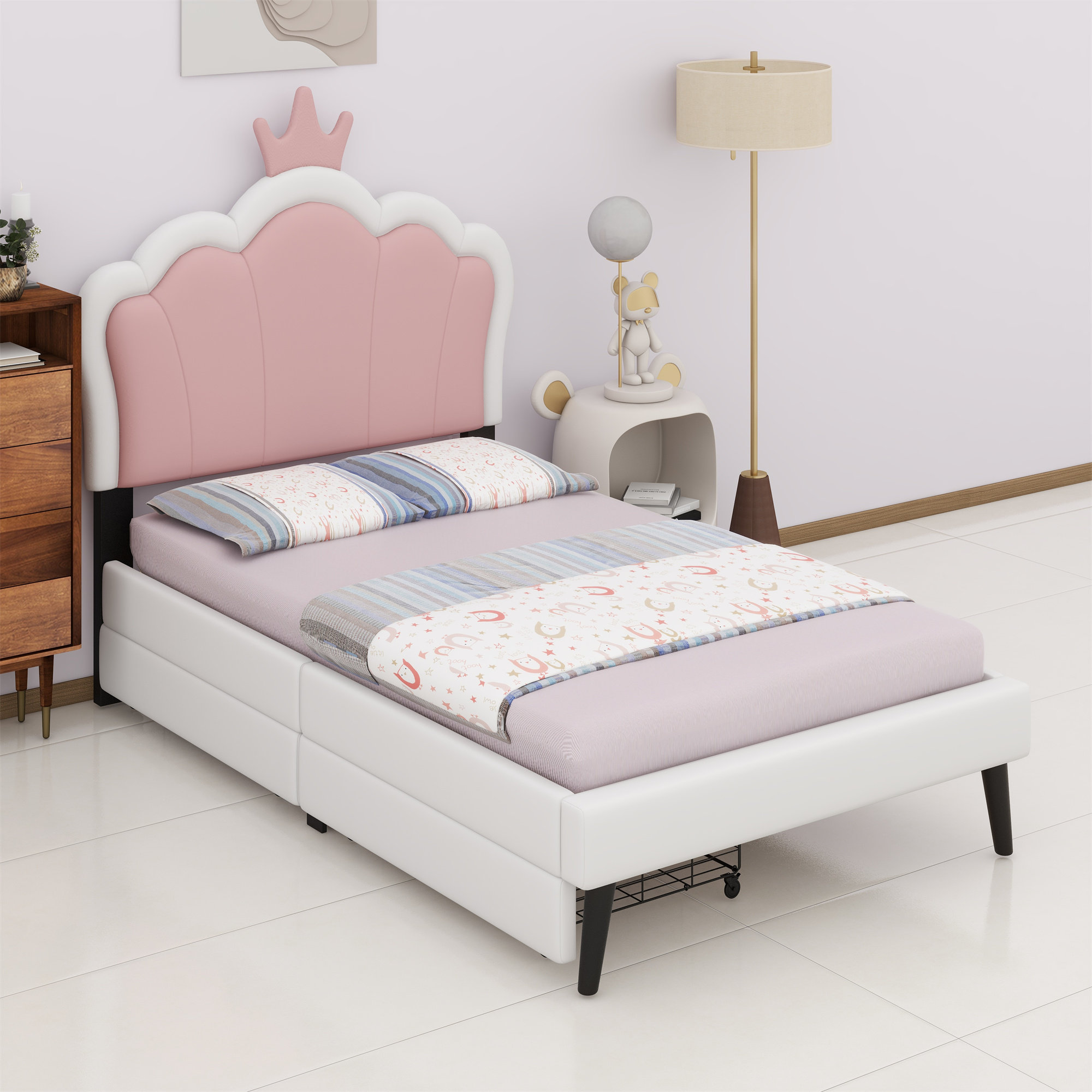 Gemma Violet Upholstered Princess Bed With Crown Headboard And 2 ...