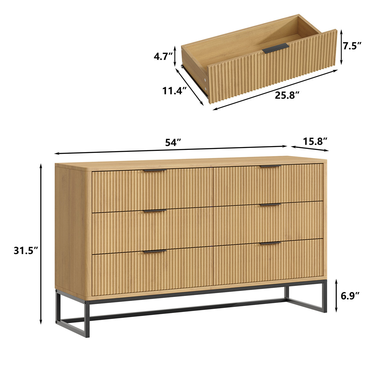 Ebern Designs Semin 54"W Fluted Design 6-Drawer Dresser Organizer ...