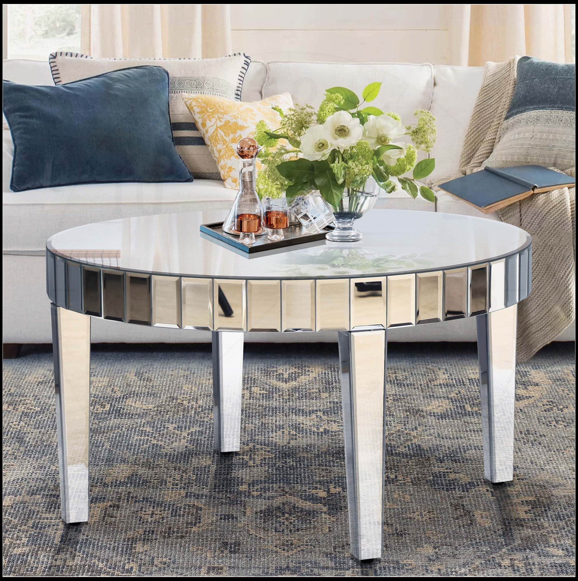 Mercer41 Dazzling Silver Round Coffee Table with Starburst Mirror ...