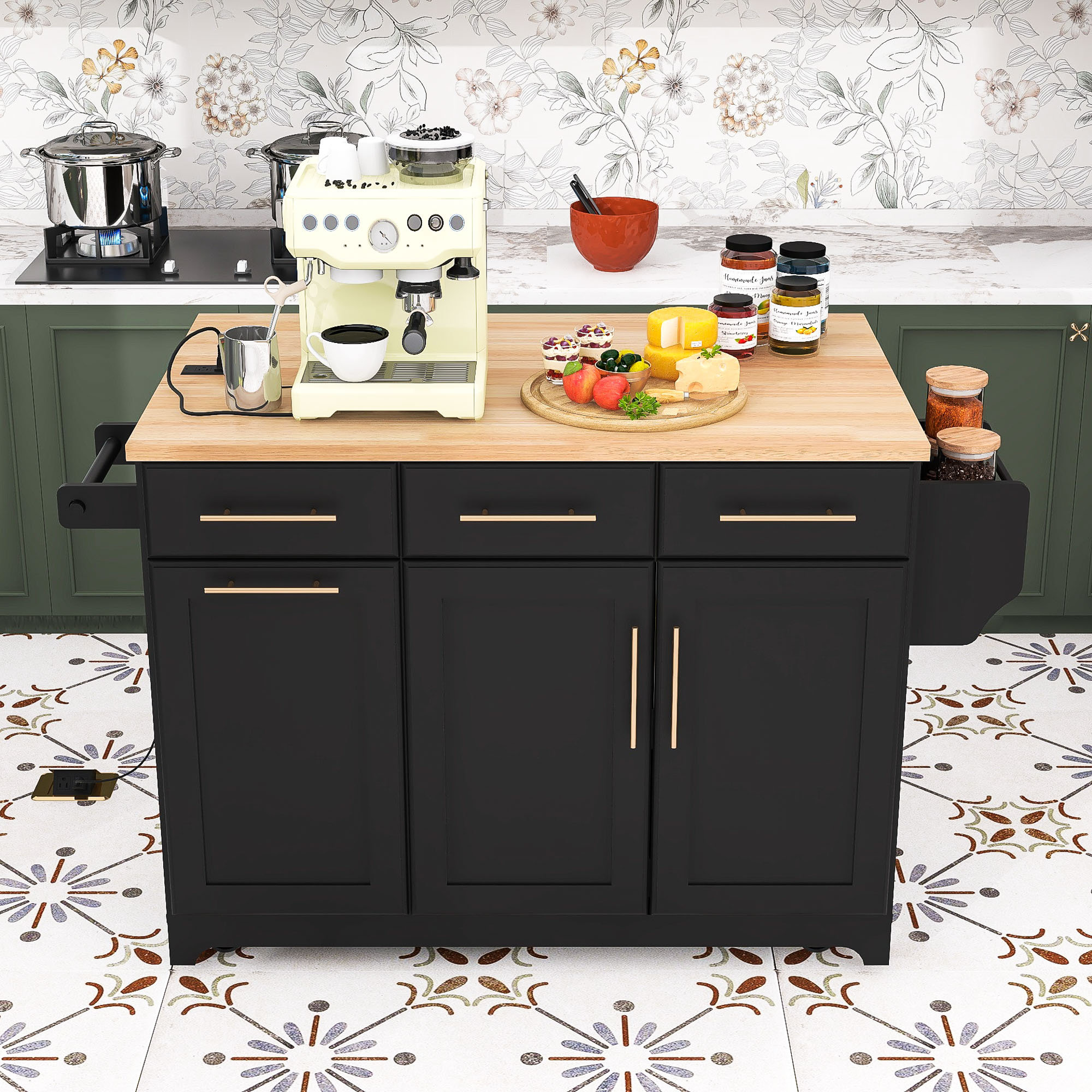 House of Hampton® Kitchen Island with Trash Can Cabinet, Drop Leaf ...