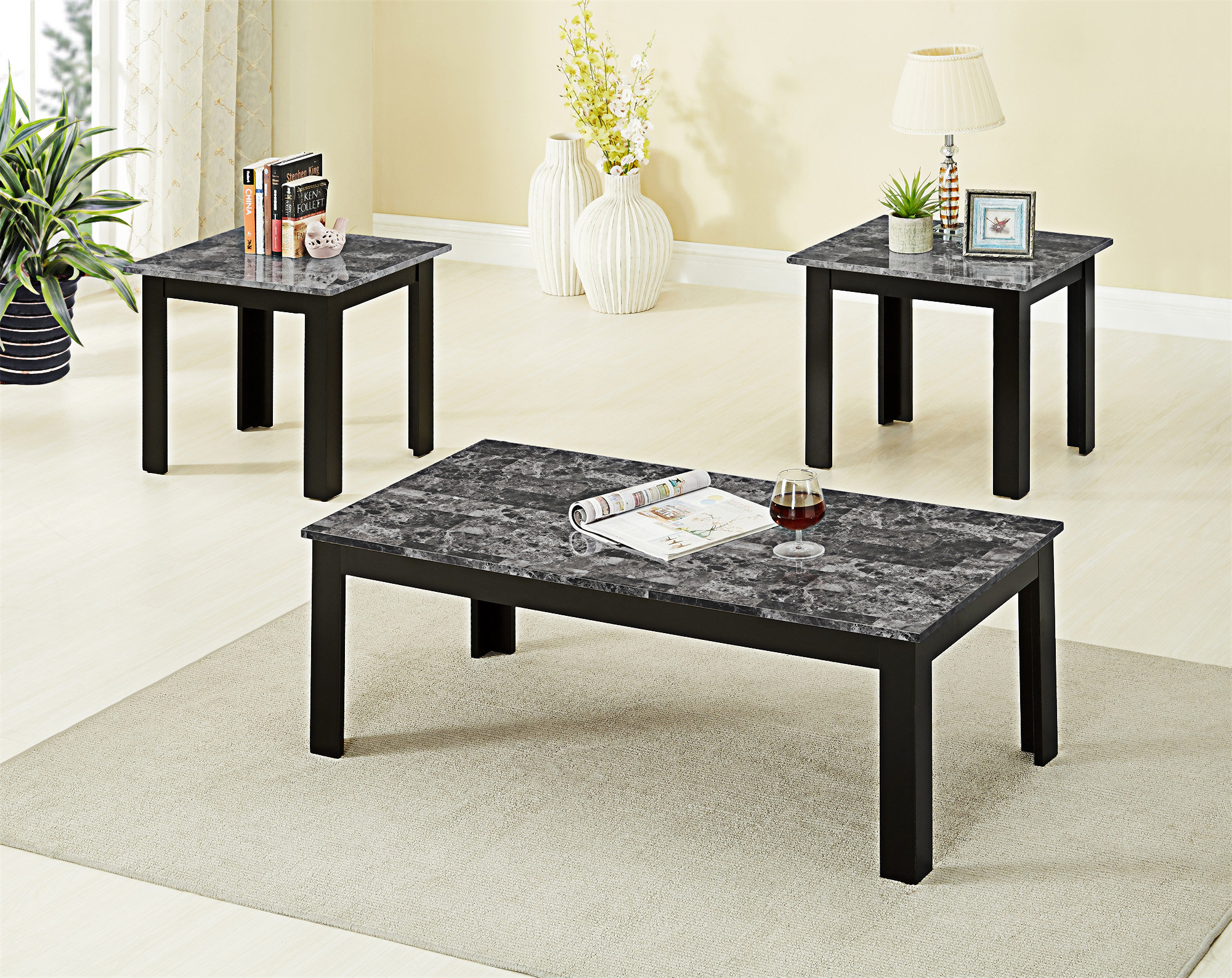 Latitude Run® 3Pc Set Traditional Style Rectangular Coffee Table Square ...