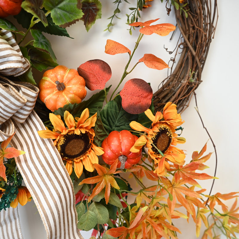 Primrue 26" Fall Pumpking Sunflower Thankgiving Day Flower Wreath ...