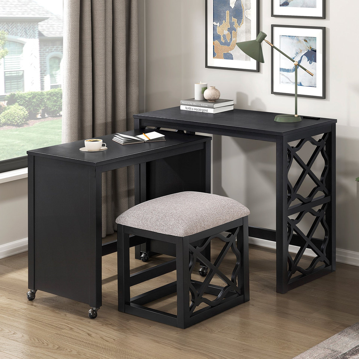 Ivy Bronx Desks And Stool Set 3Pc Rolling Desk With Casters, 2 Charging ...