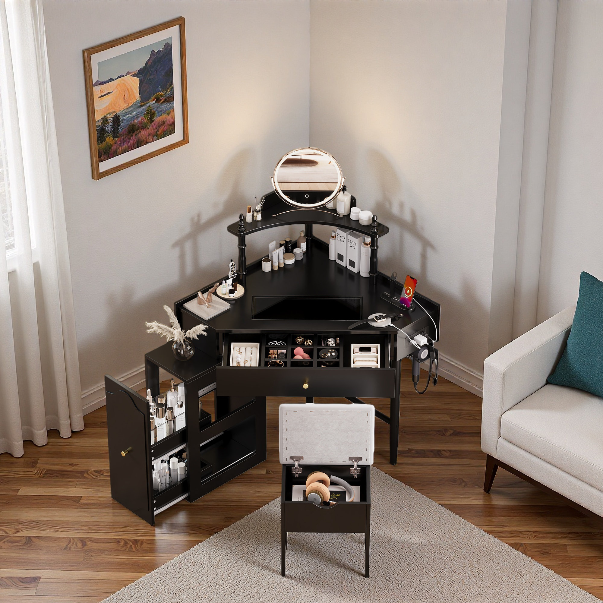 NAND Corner Vanity Desk With Charging Station, Removable Pull-out Side ...