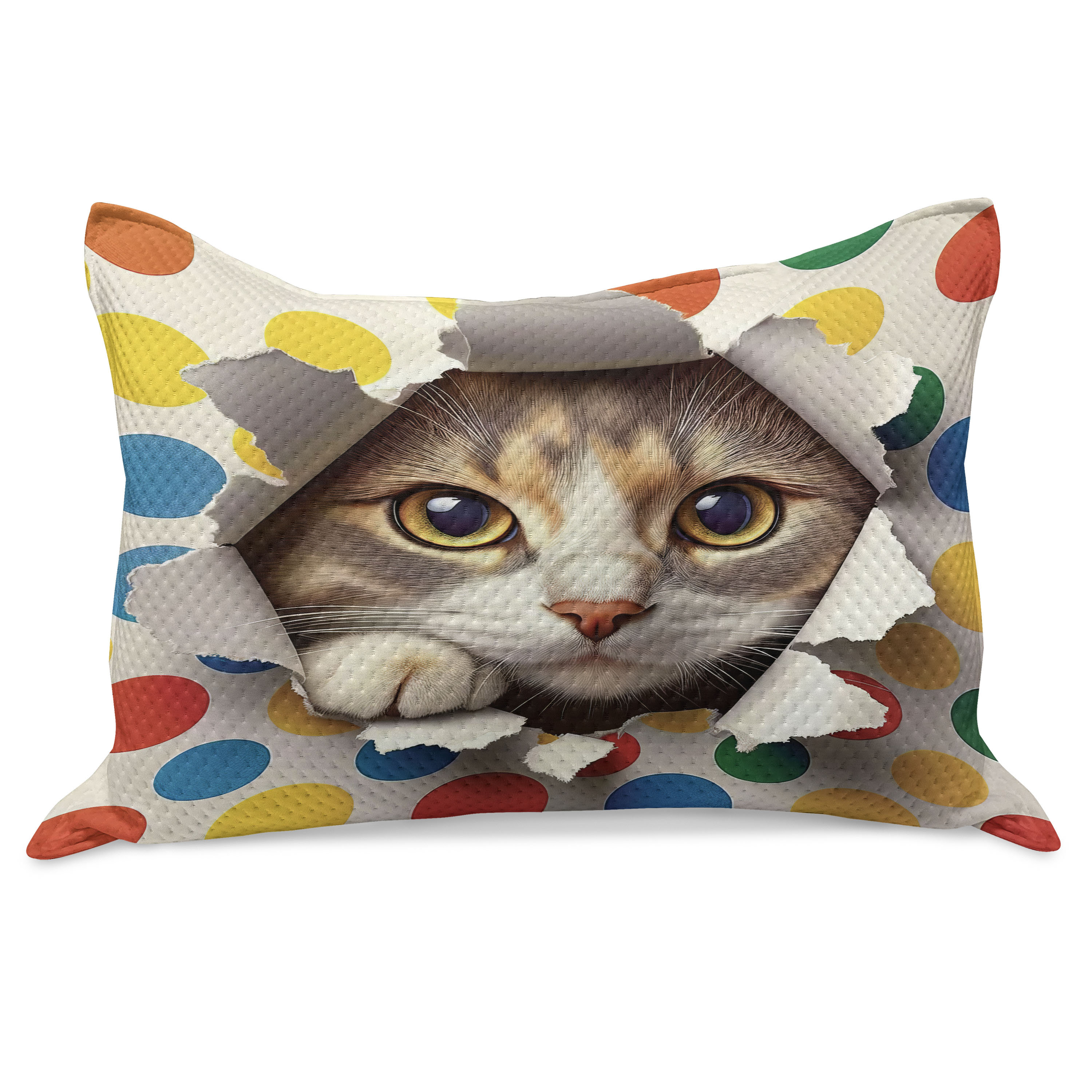 Ambesonne Cat Quilt Pillow Cover Mischief Kitty Peaking Dots Multicolor ...