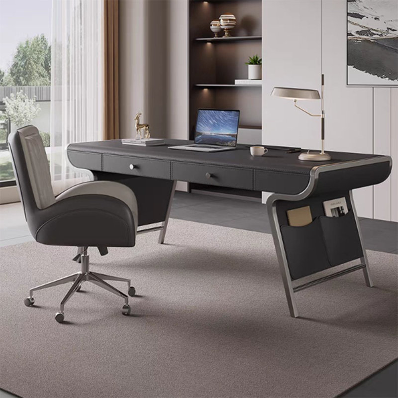 Orren Ellis Modern home study desk minimalist saddle leather computer ...