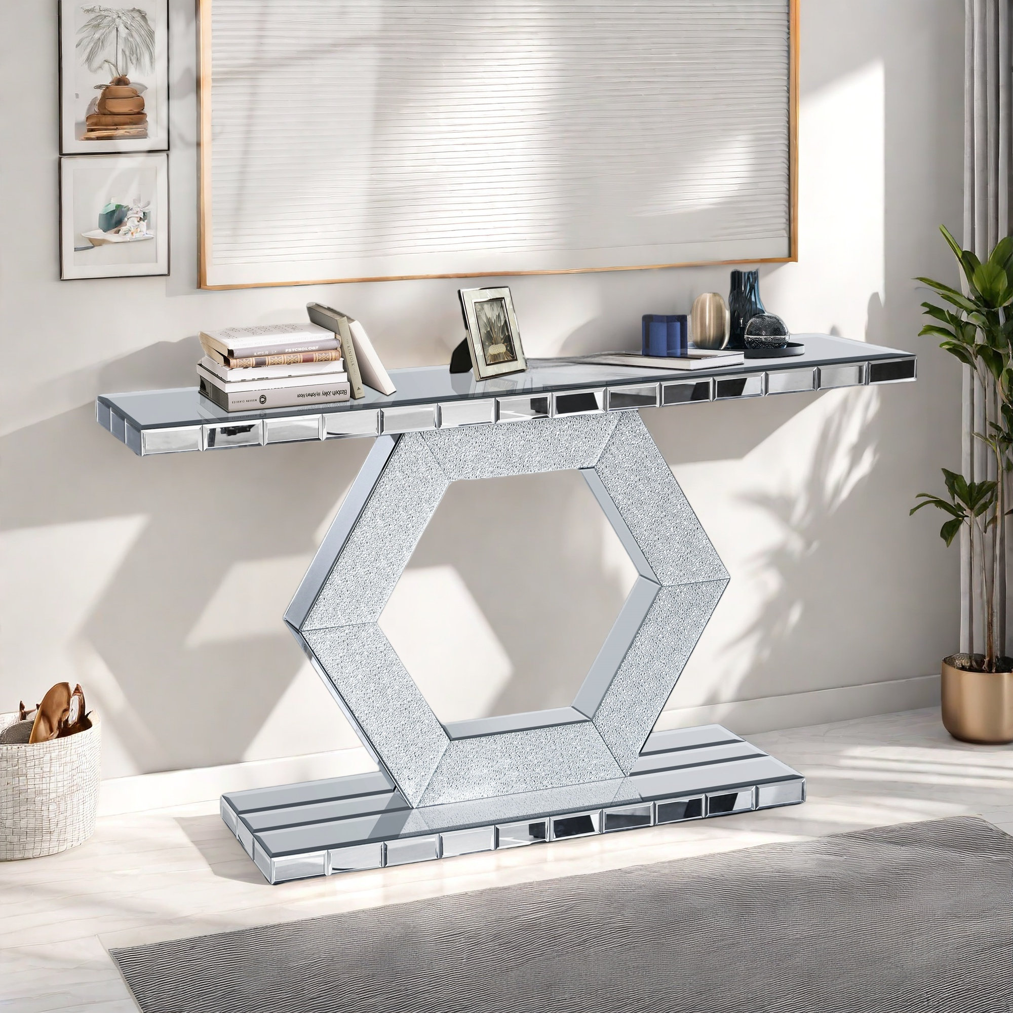 Mercer41 Sparkling Console Table With Diamond Glass Effects And ...