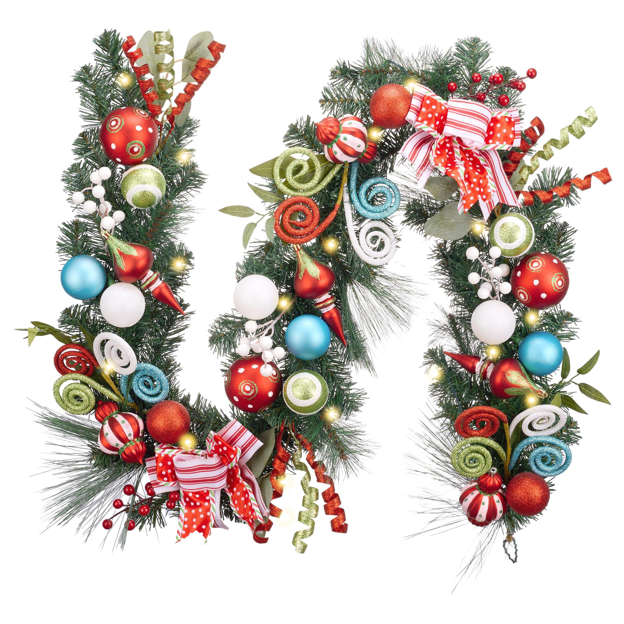 COEN Pre-Lit Elf Christmas Garland with Red & Green Balls, Battery ...