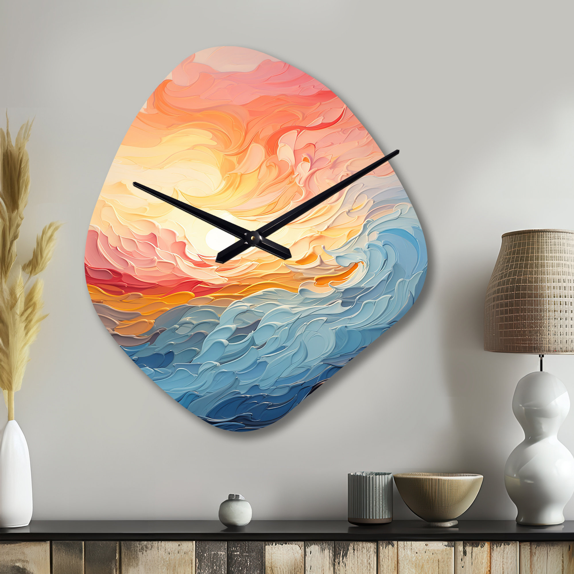 Design Art Bold Pastel Sunset I - Unique Shape Sunset Metal Wall Clock ...
