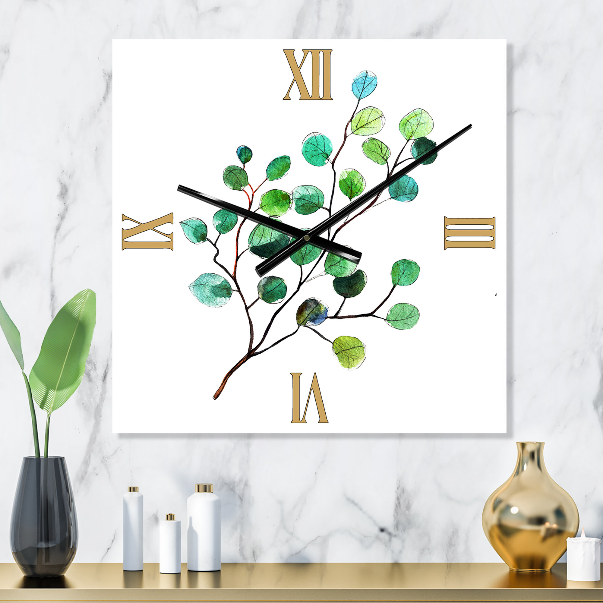 East Urban Home Young Eucalyptus Leaves and Branches IV Wall Clock ...