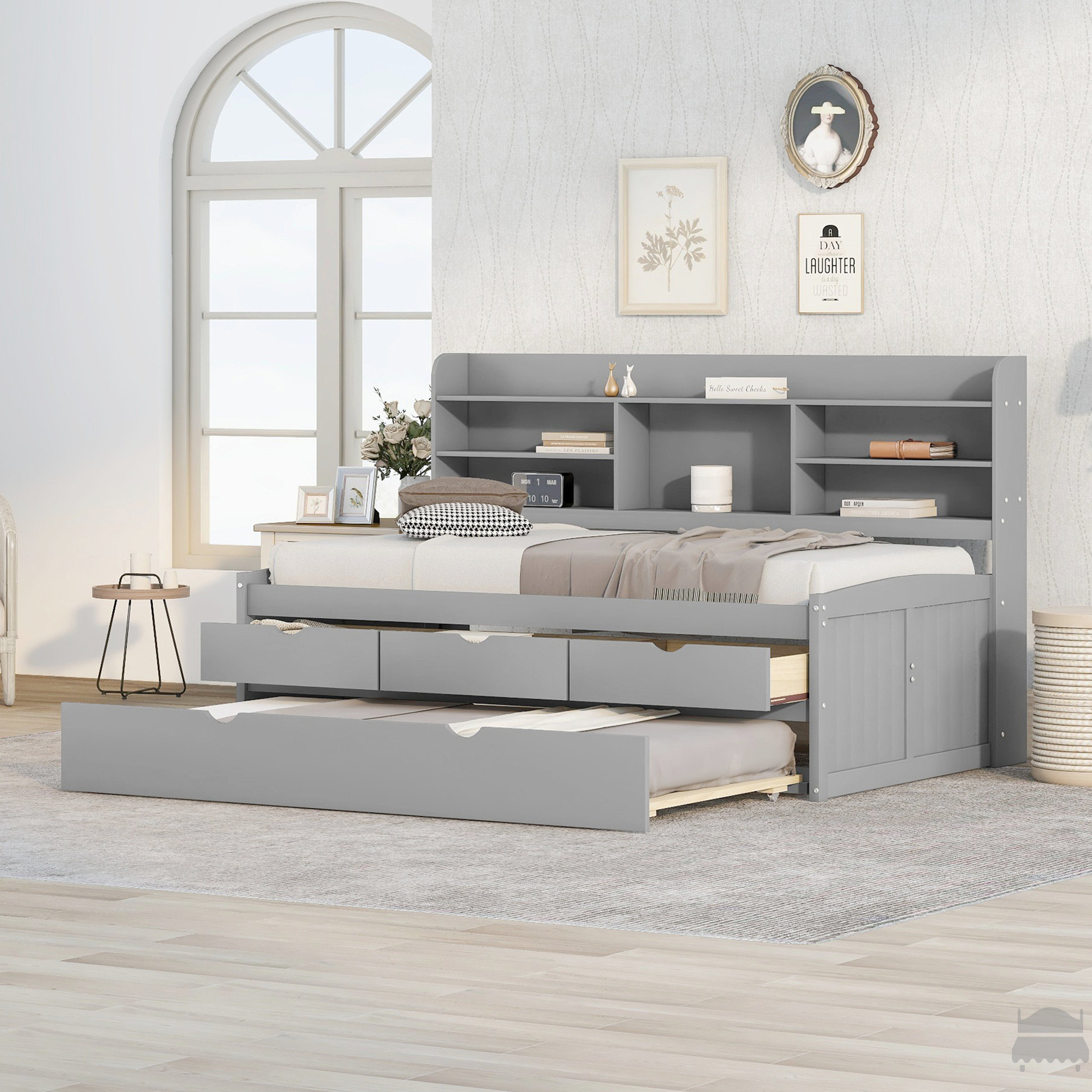 Lark Manor Full Size Wooden Captain Bed With Built-In Bookshelves,Three ...