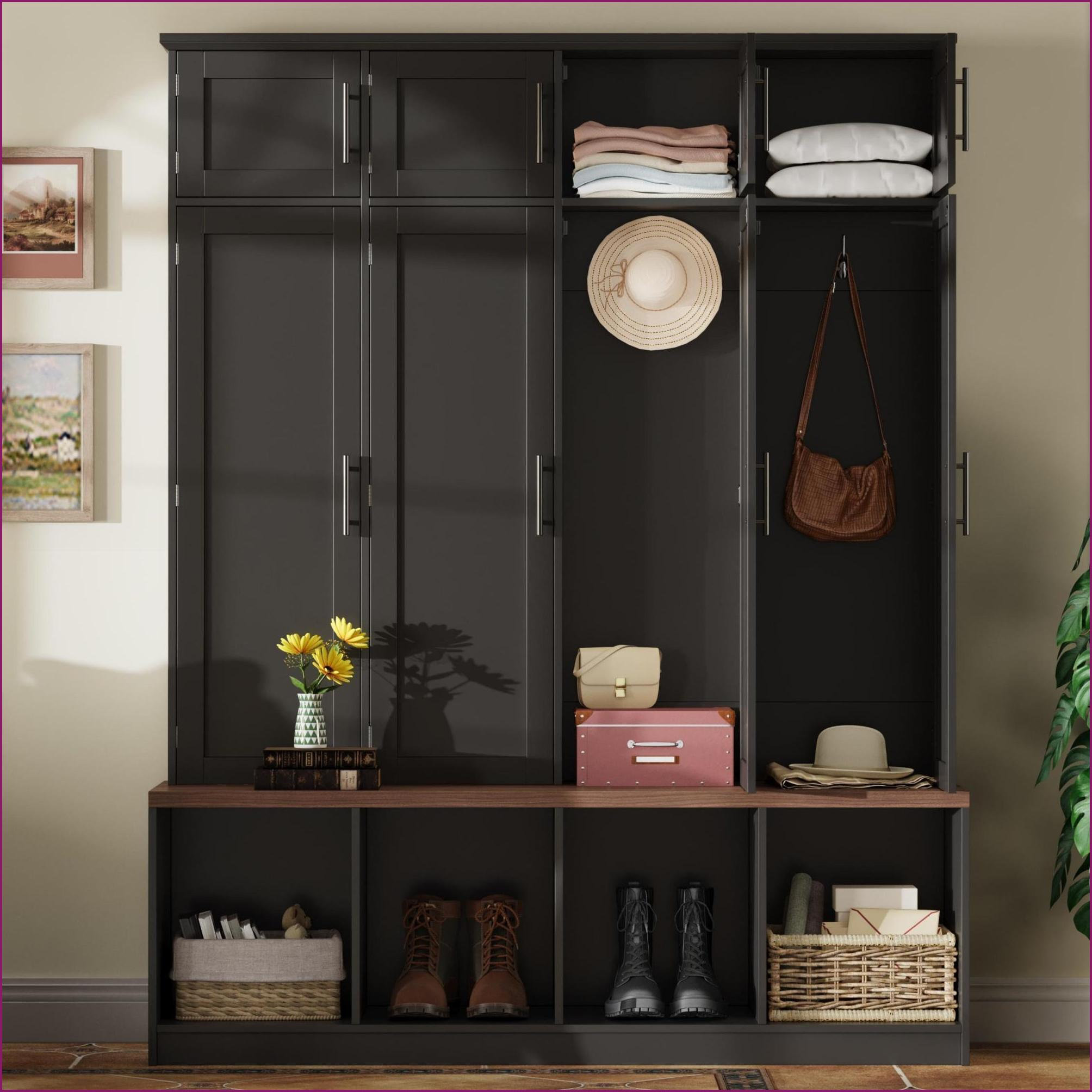 Latitude Run® Hall Tree Farmhouse with 4 Hooks, 8 Cabinets & Walnut ...