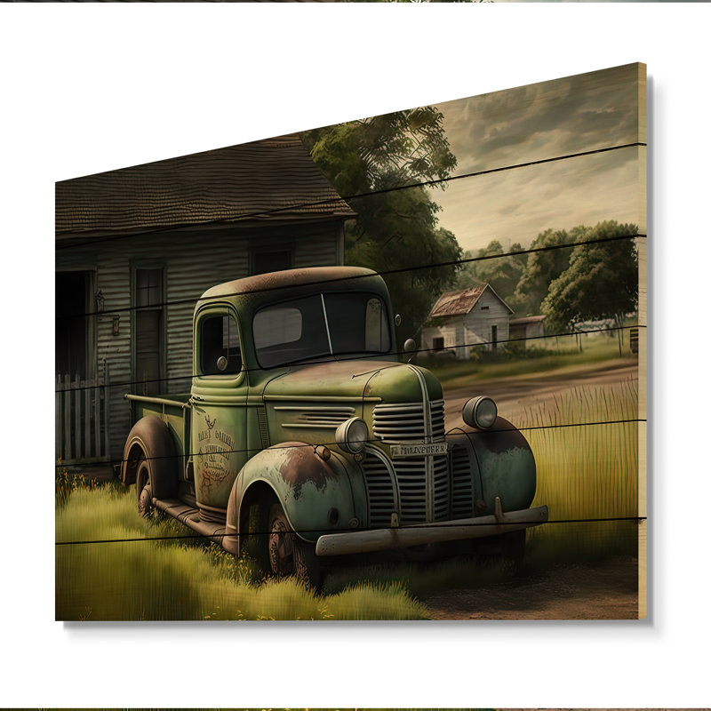 August Grove® Green Old Truck At The Barn - Car Wood Wall Art Print ...