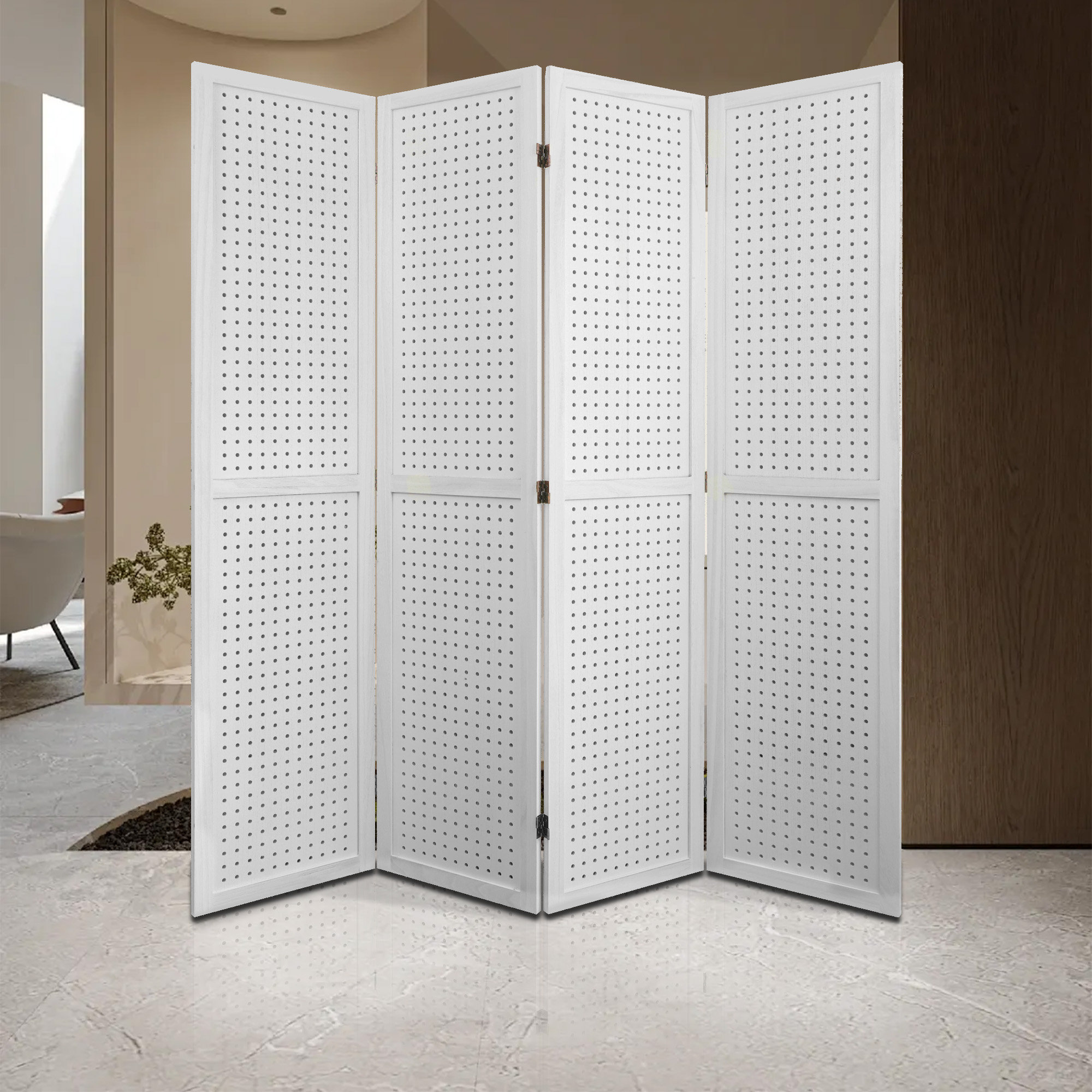 Gracie Oaks 5.6ft. Wooden Pegboard Folding Room Dividers In Natural, 4 ...