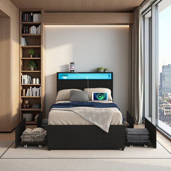 Wrought Studio™ Twin Bed Frame, Storage Headboard With Charging Station ...