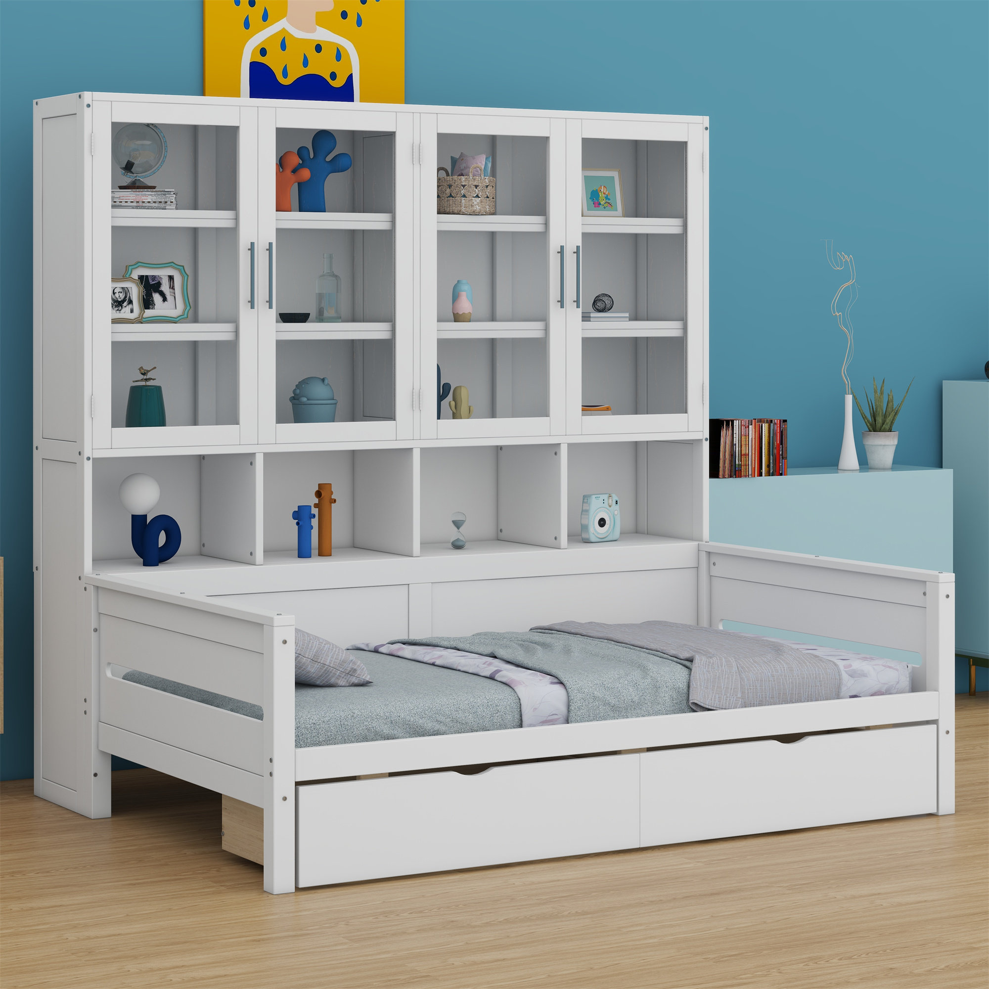 Brayden Studio Wooden Daybed With Glass-Door Storage Cabinets, Built-In ...