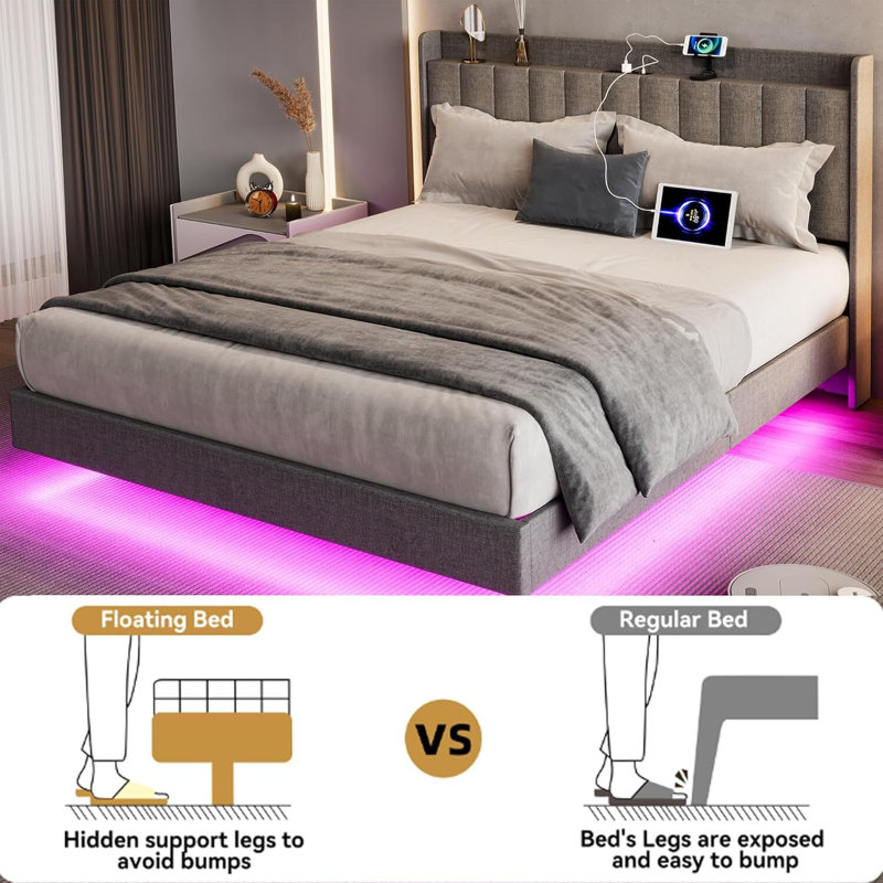 Wrought Studio™ Floating Bed Frame With LED Lights, Charging Station ...