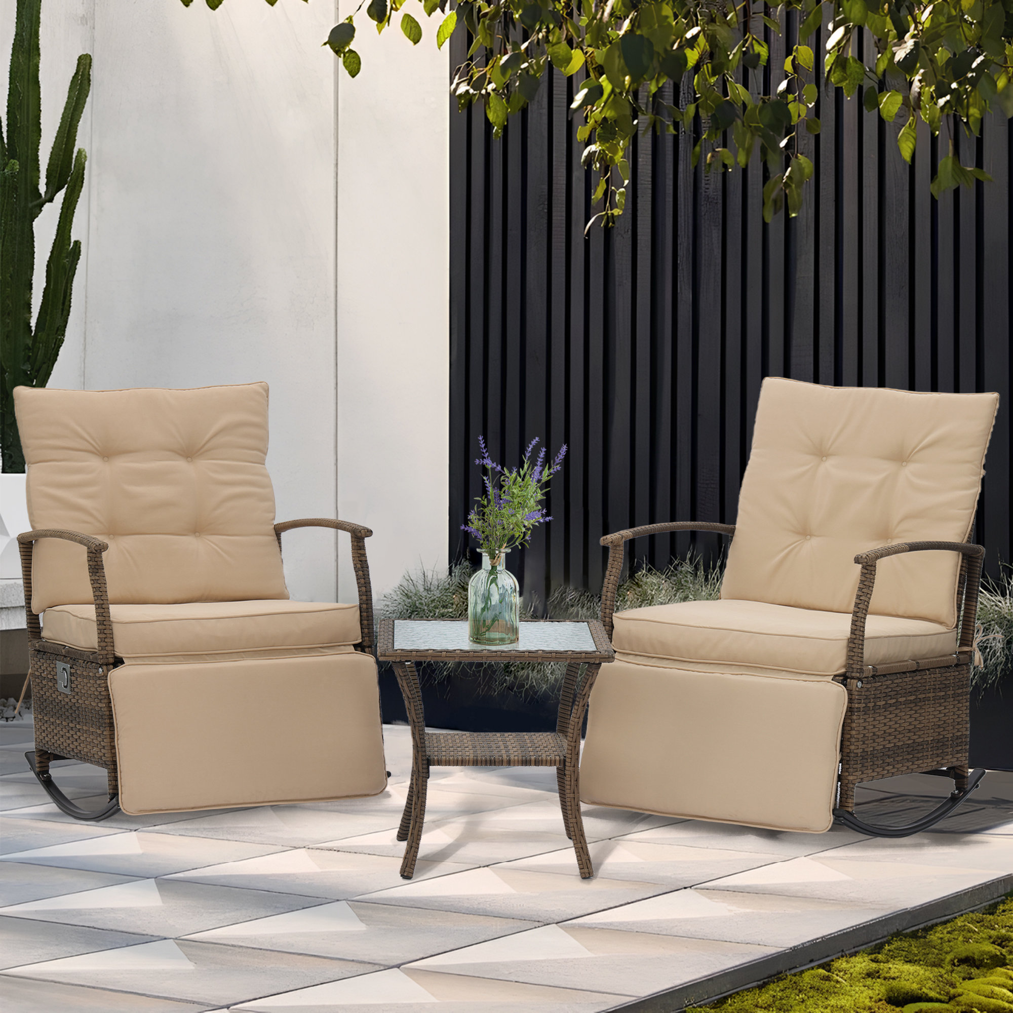 Winston Porter 3 Piece Wicker Rattan Outdoor Rocker Chair Set With Side ...